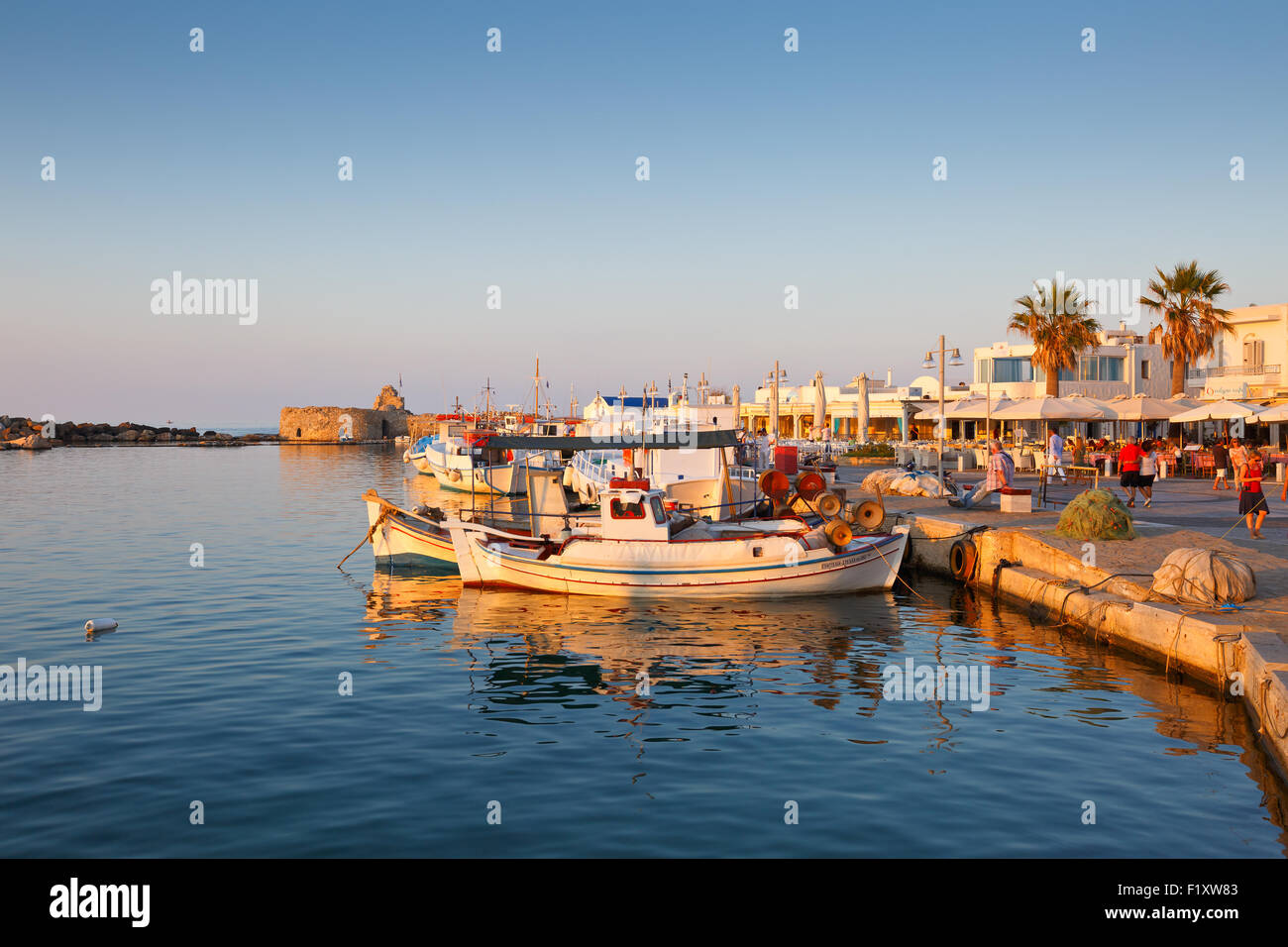 View of the port in Naousa village on Paros island, Greece Stock Photo ...