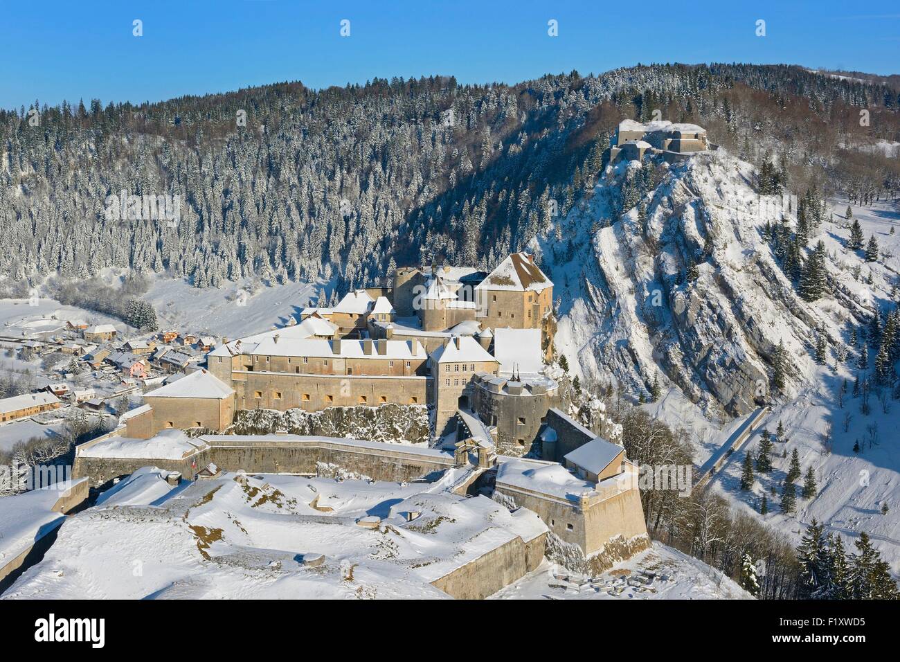 France, Doubs, La Cluse et Mijoux, the fort of Joux (aerial view Stock ...