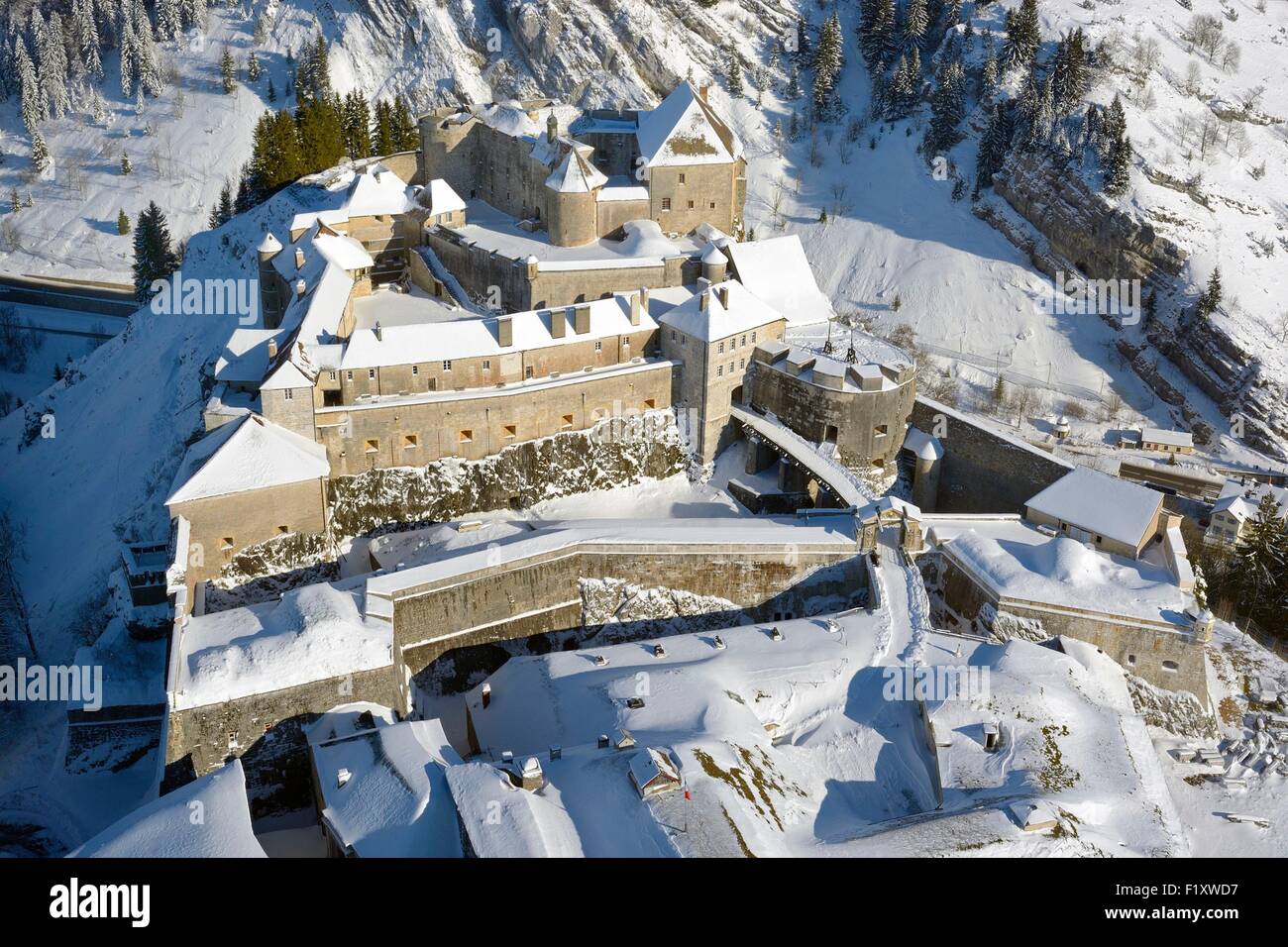France, Doubs, La Cluse et Mijoux, the fort of Joux (aerial view Stock ...