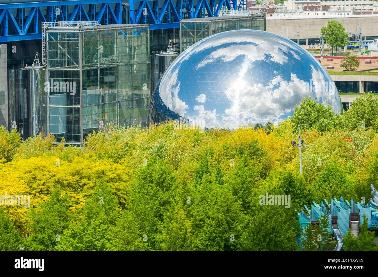 France, Paris, the Geode, La Geode is a geodesic dome building, close ...