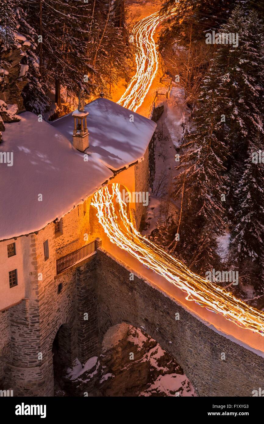 France, Savoie, Valfrejus, Modane, Maurienne valley, torchlight descent ...