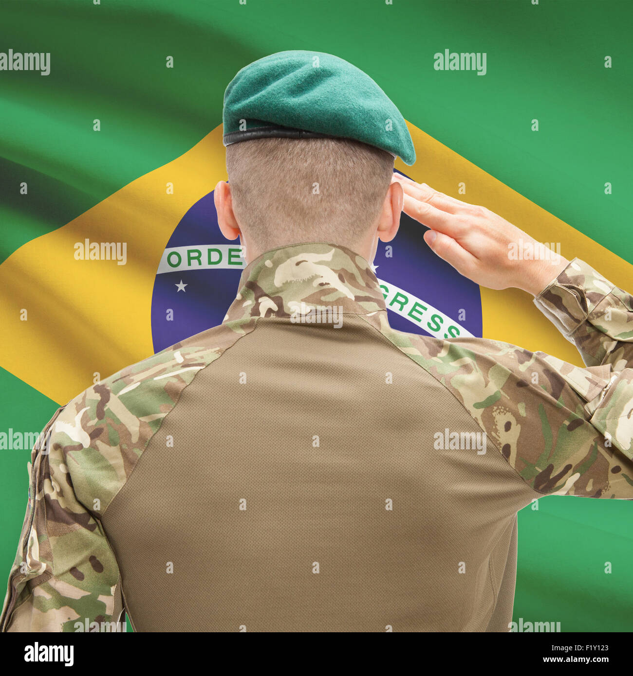 Soldier in hat facing national flag series - Brazil Stock Photo - Alamy