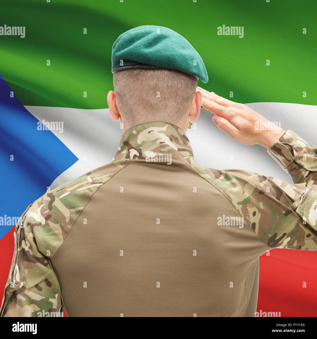 Soldier in hat facing national flag series - Equatorial Guinea Stock ...