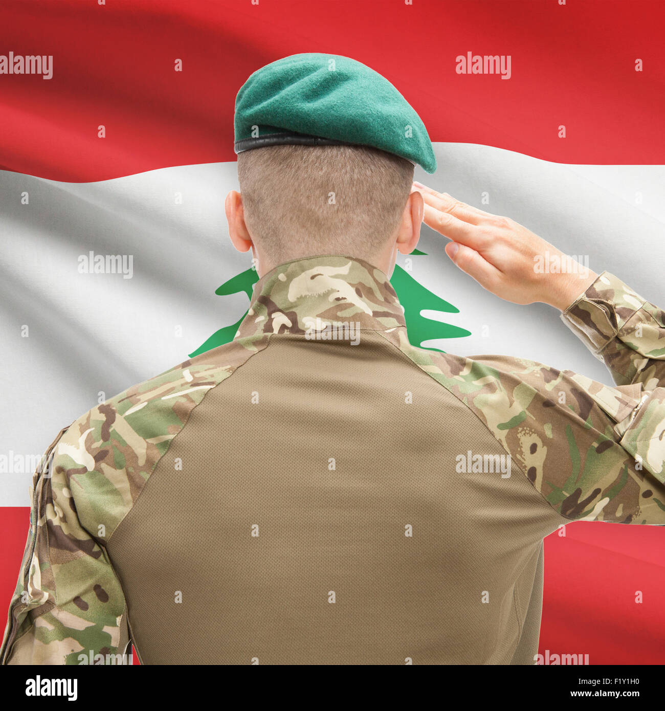 Soldier in hat facing national flag series - Lebanon Stock Photo - Alamy