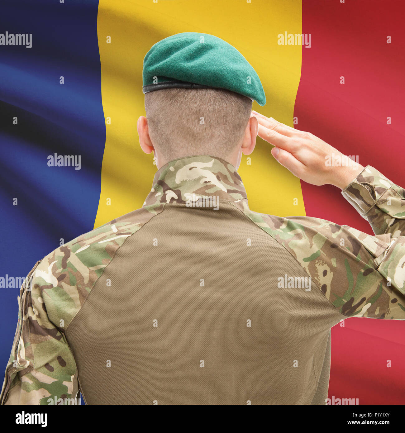 Soldier in hat facing national flag series - Romania Stock Photo - Alamy
