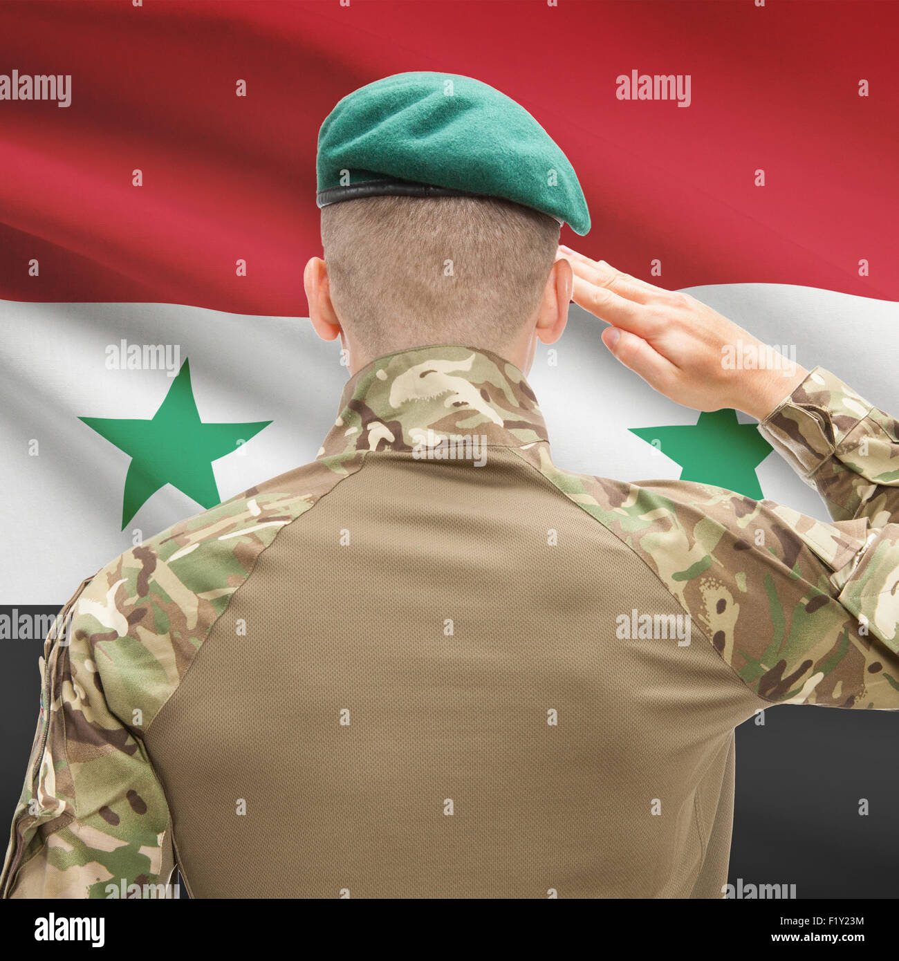 Soldier in hat facing national flag series - Syria Stock Photo - Alamy
