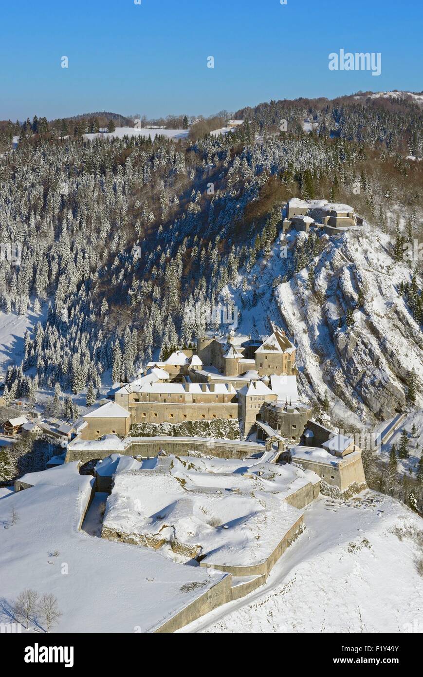 France, Doubs, La Cluse et Mijoux, the fort of Joux (aerial view Stock ...