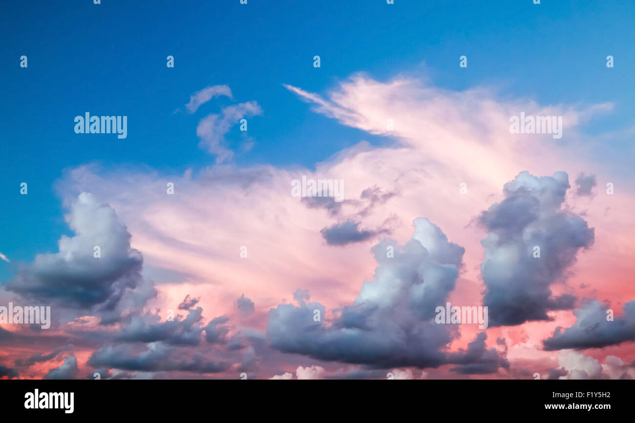 Dramatic colorful cloudscape, summer evening sky background with ...