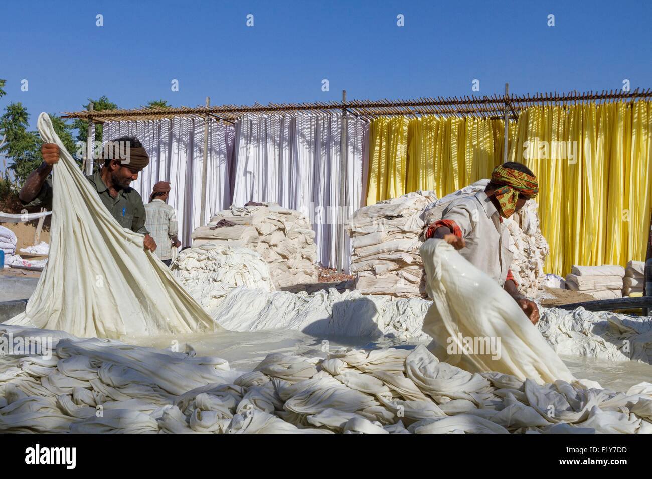 India, Rajasthan State, Sanganer, textile factory, textiles washing and ...