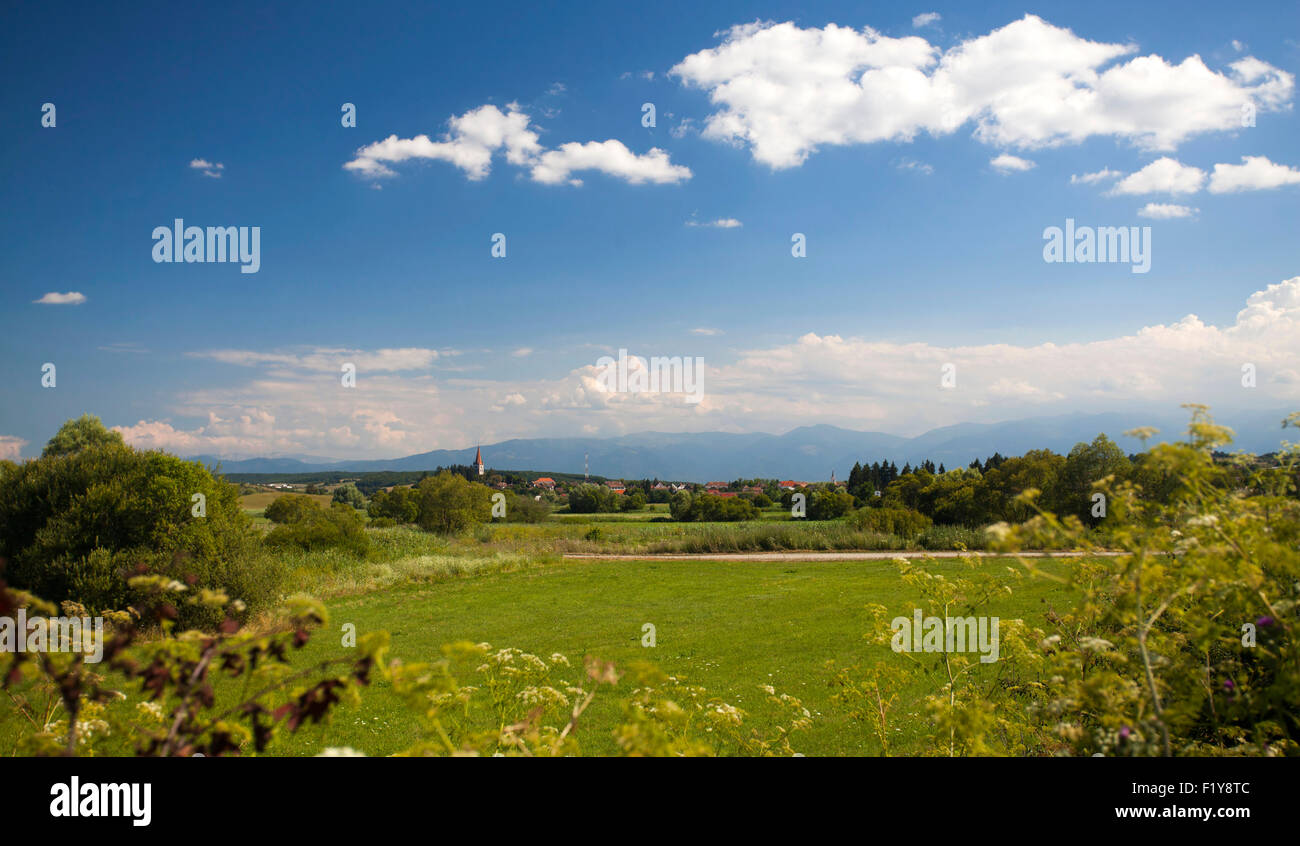 Panoramic rural landscape with village at sunset, Transilvania, Romania ...