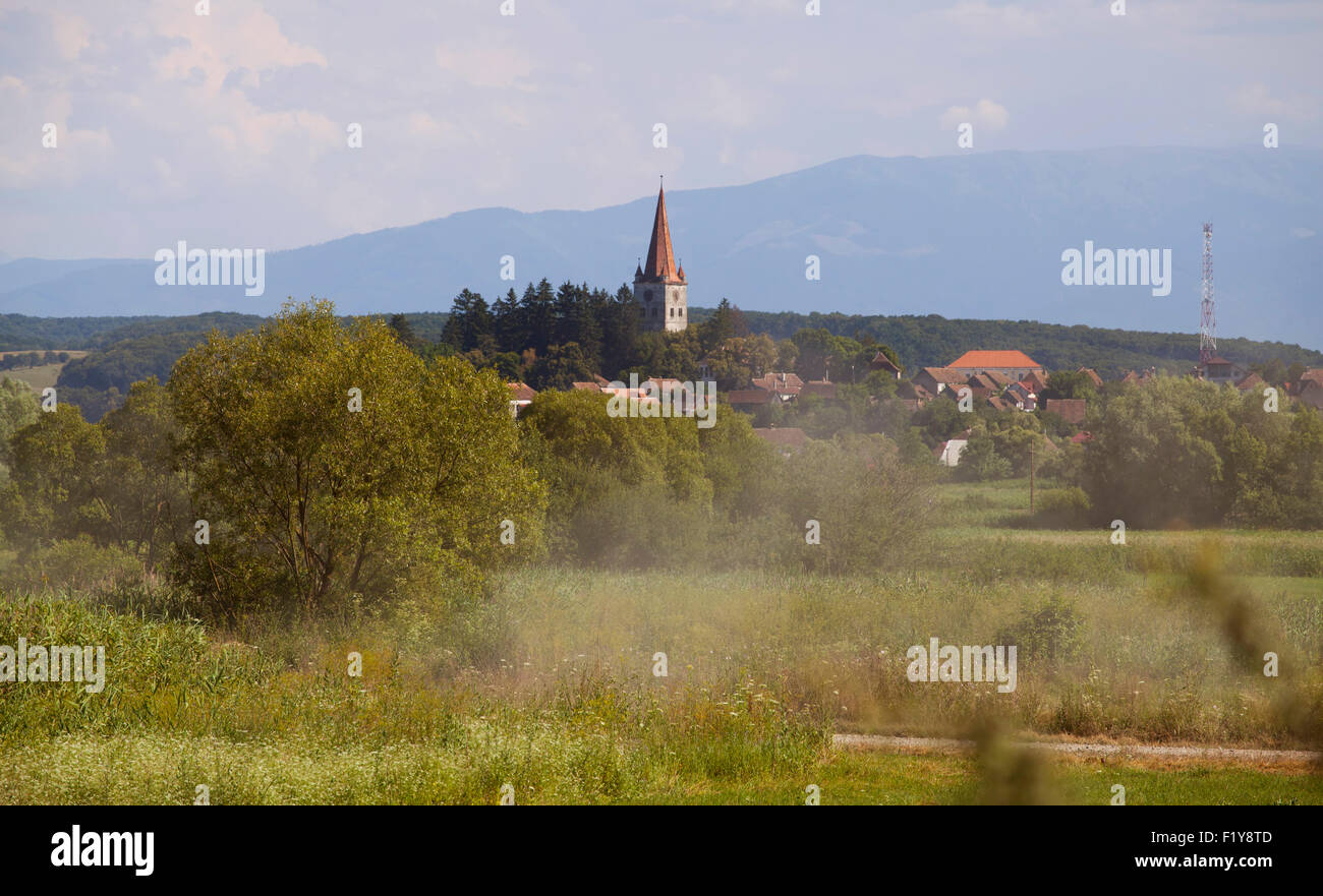 Panoramic rural landscape with village at sunset, Transilvania, Romania ...