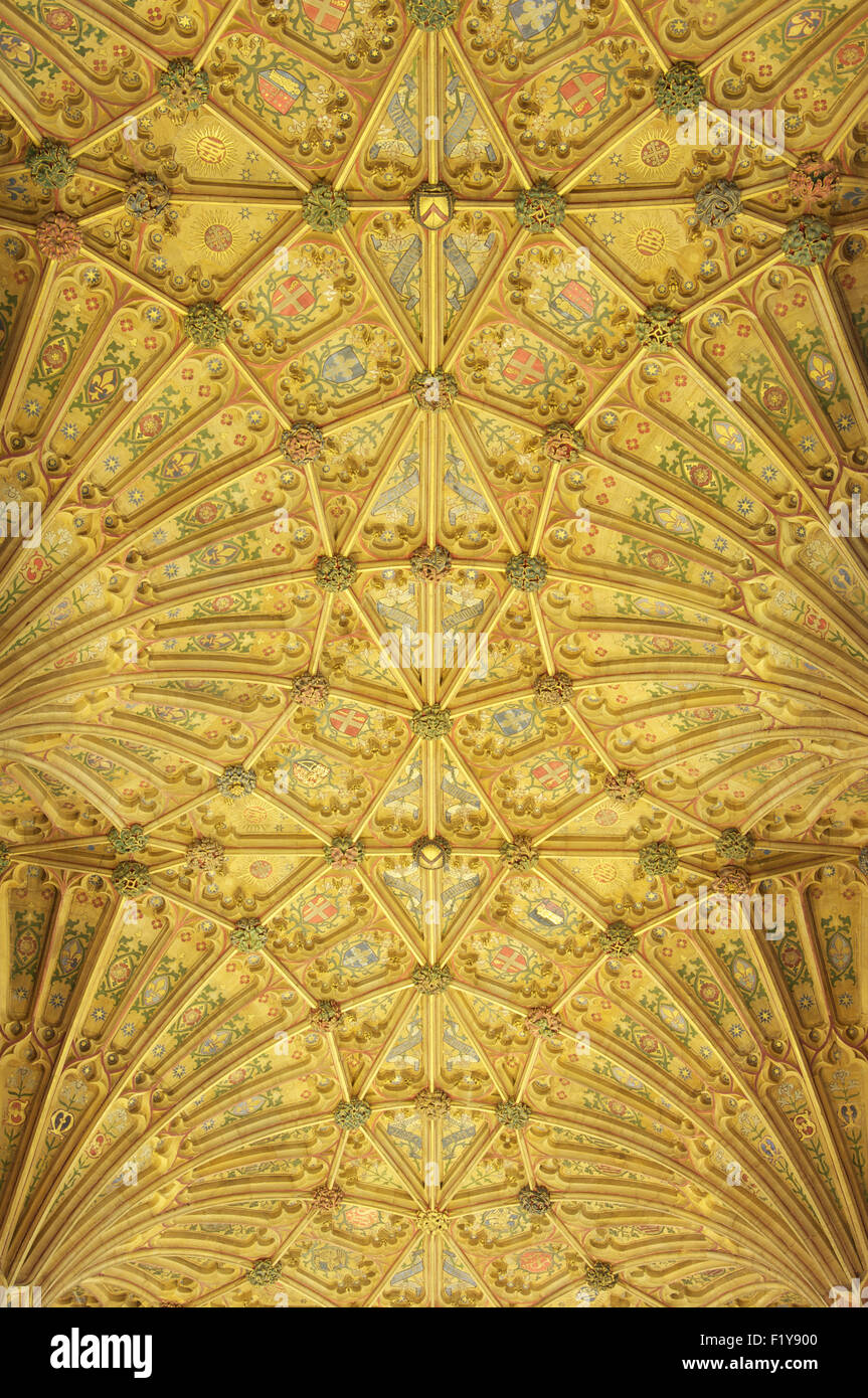 The ornately decorated Gothic fan vaulted ceiling of Sherborne Abbey ...