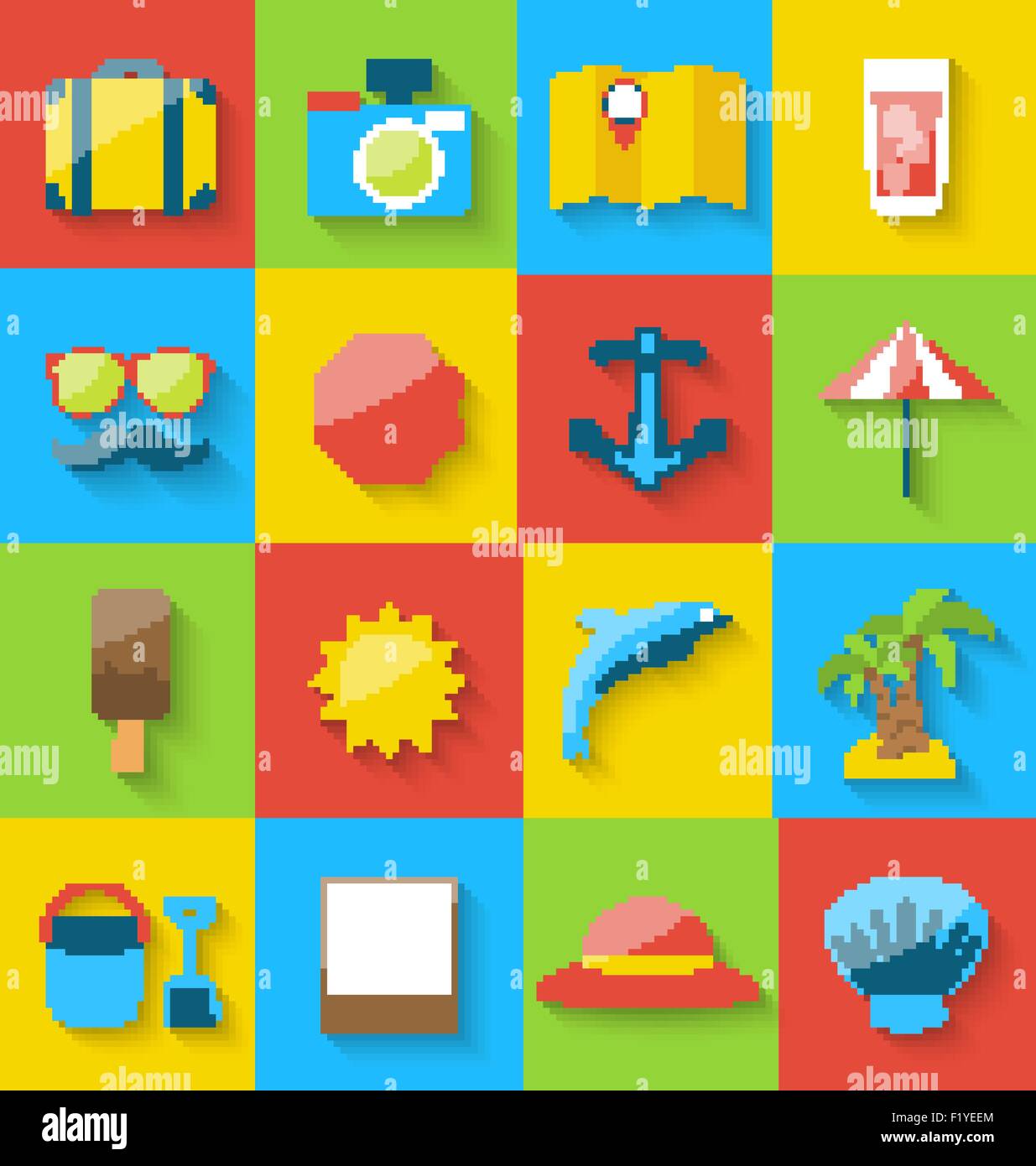 Flat icons of holiday journey, summer pictogram, sea leisure, co Stock ...