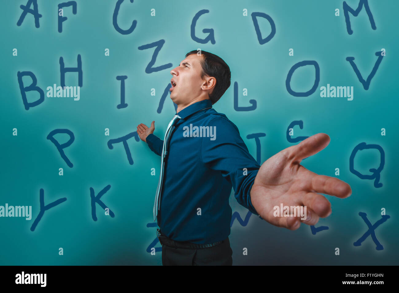 man male teacher businessman screaming his arms alphabet letters Stock ...