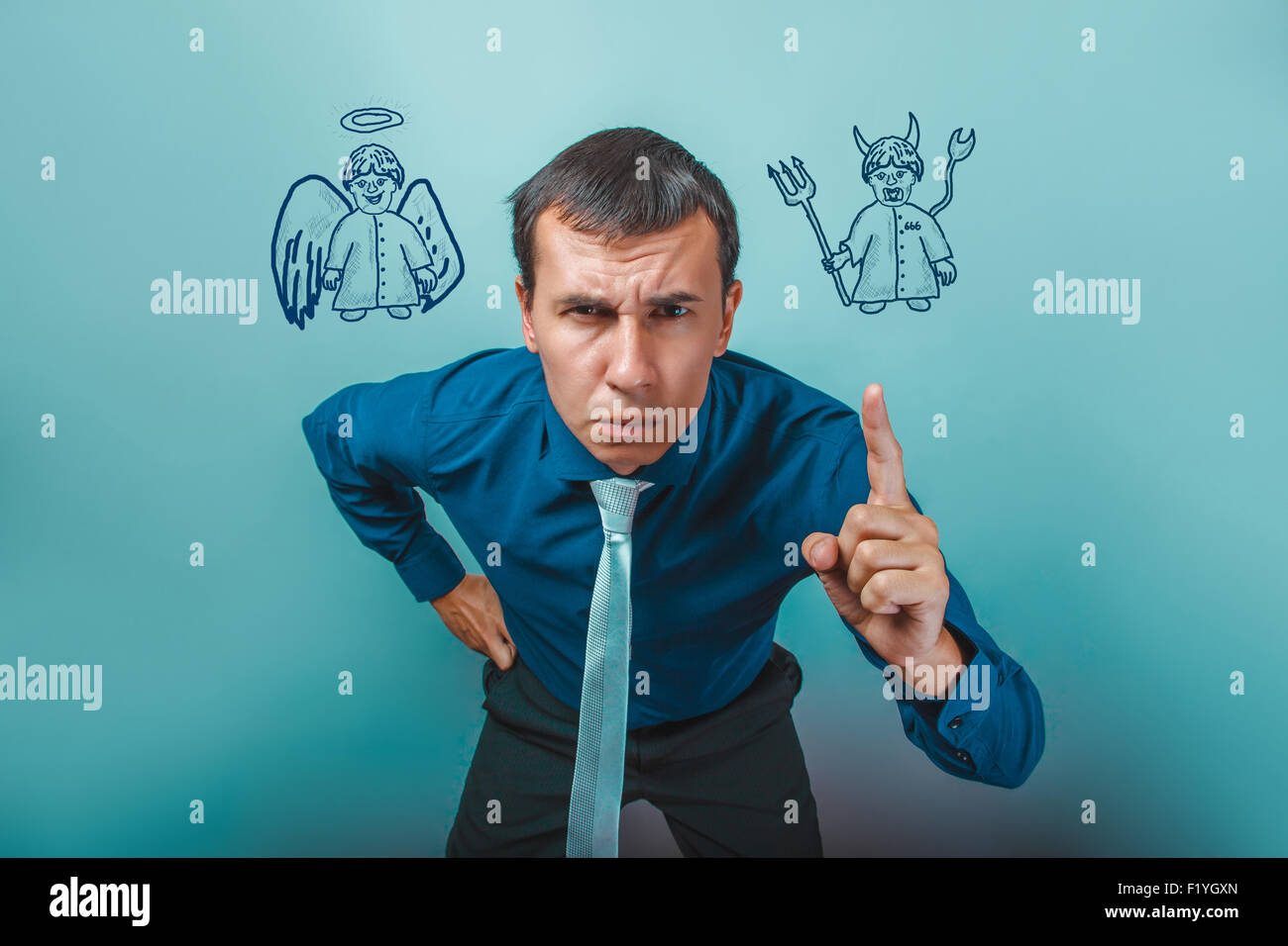 Businessman angry man shows his finger angel devil demon infogra Stock ...