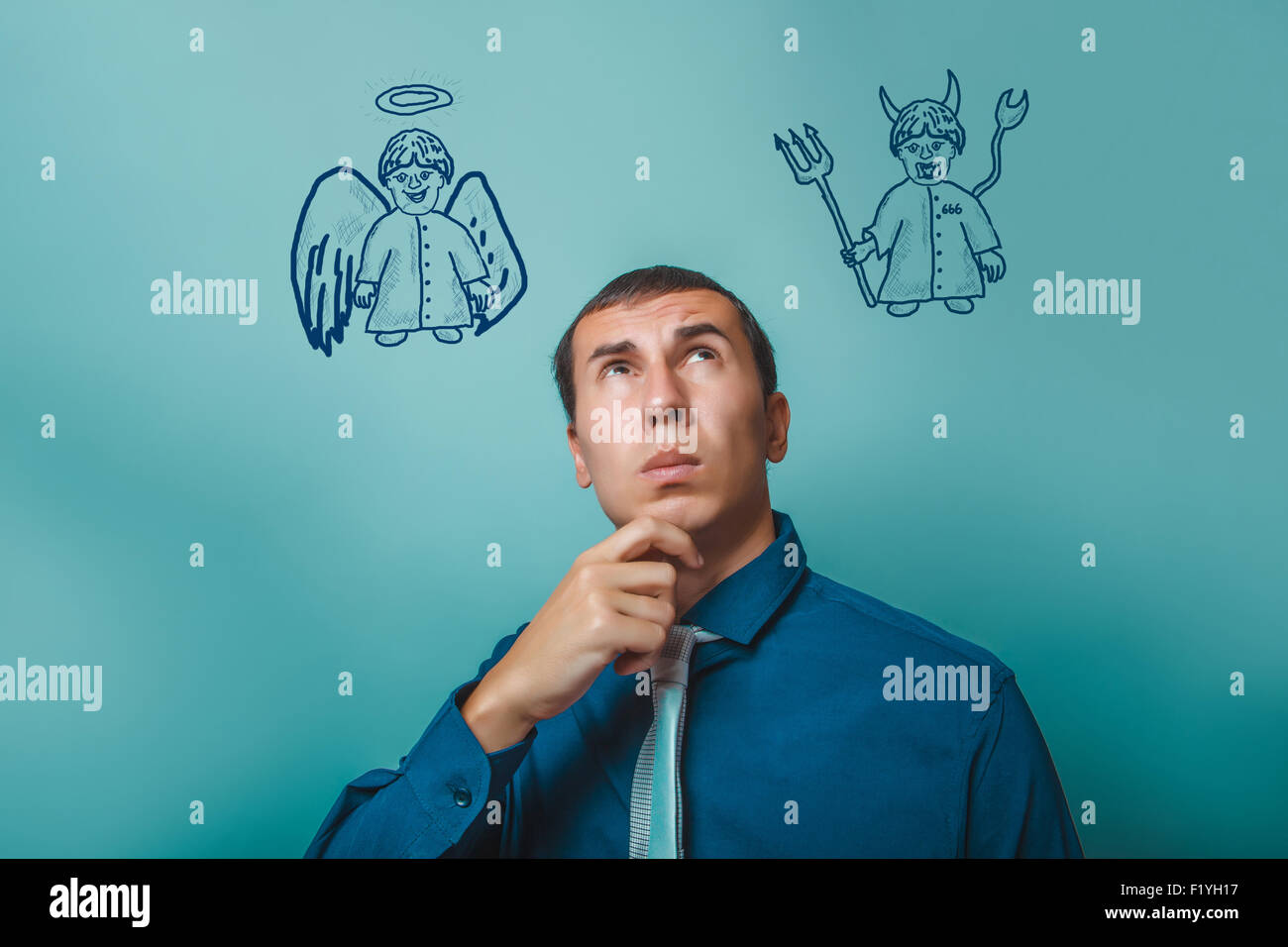 businessman thinking man looking up angel devil demon infographi Stock ...