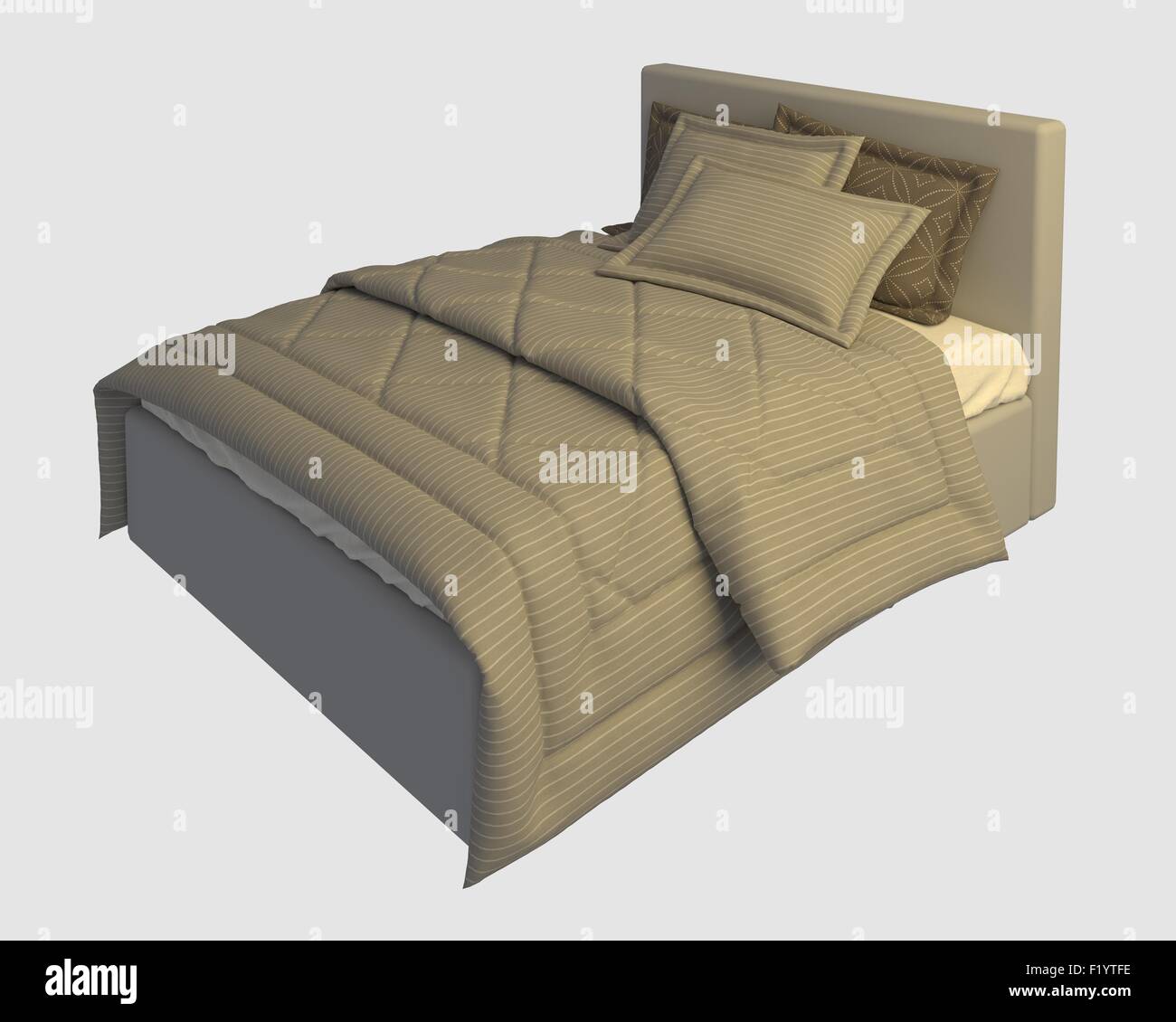 Bed with pillows and a blanket photorealistic render isolated on white ...