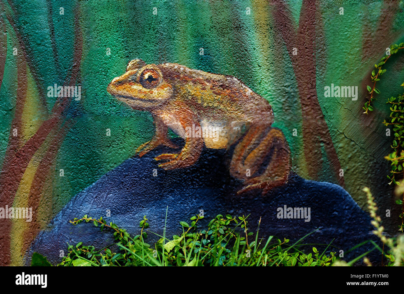 Big brown fairy-tale toad sitting on stone in grass, acryl painting ...