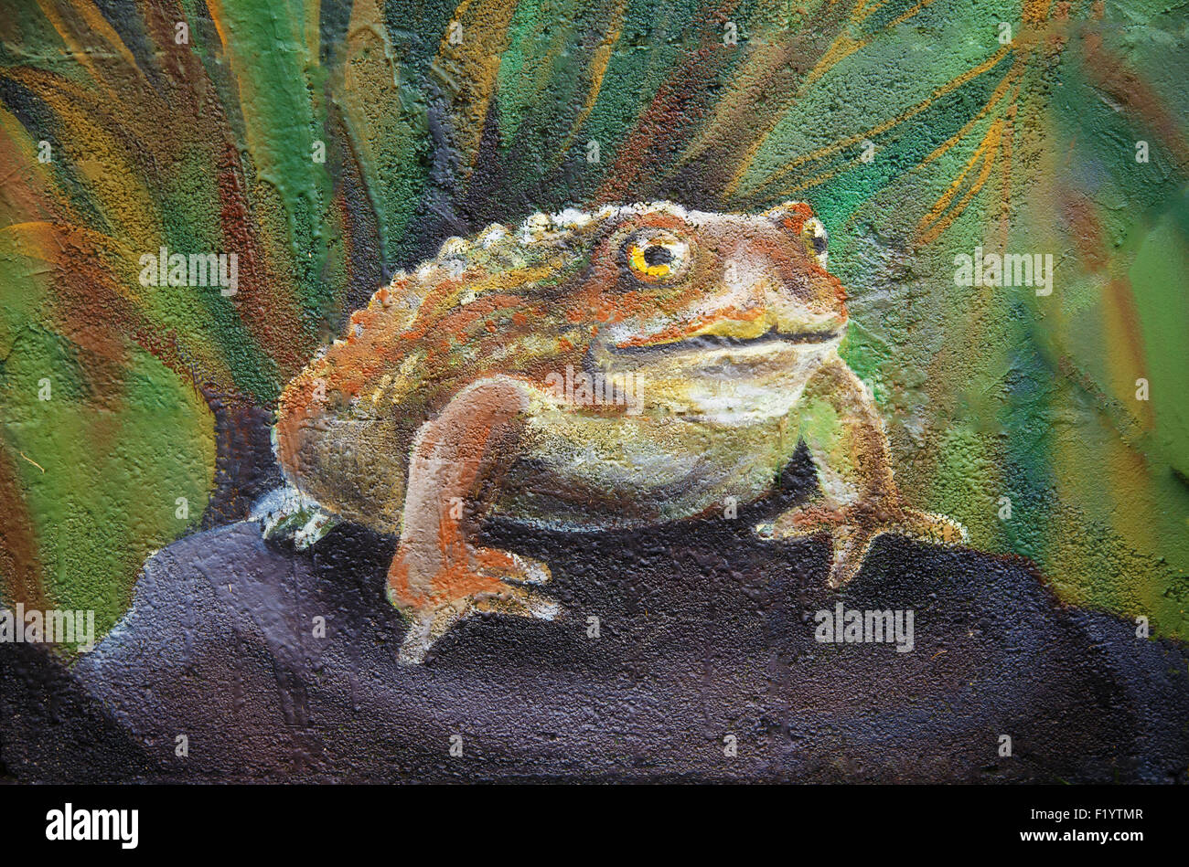 Big brown fairy-tale toad sitting on stone in grass, acryl painting ...