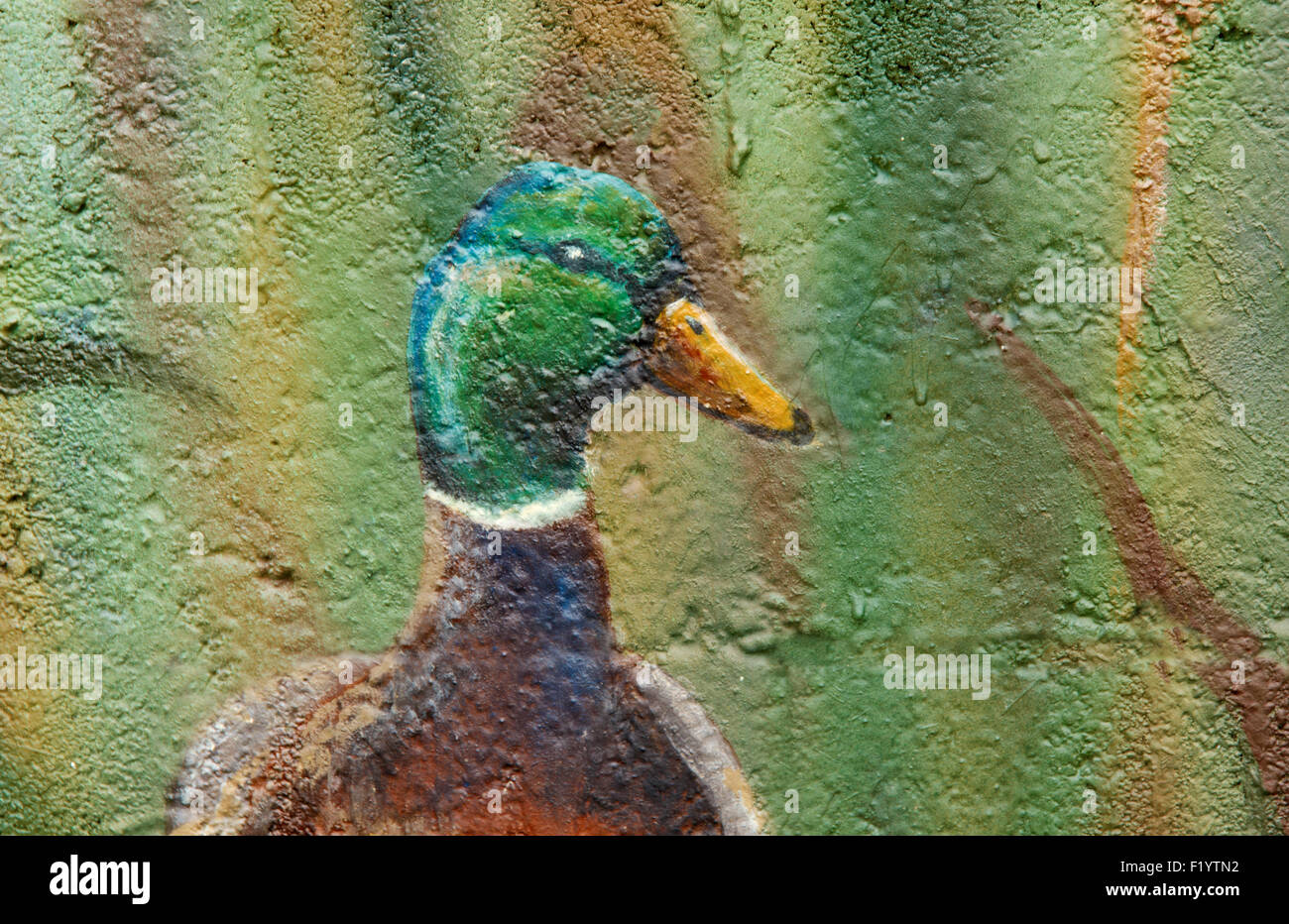 single wild duck male standing on a rock, acrylic painting on a wall ...
