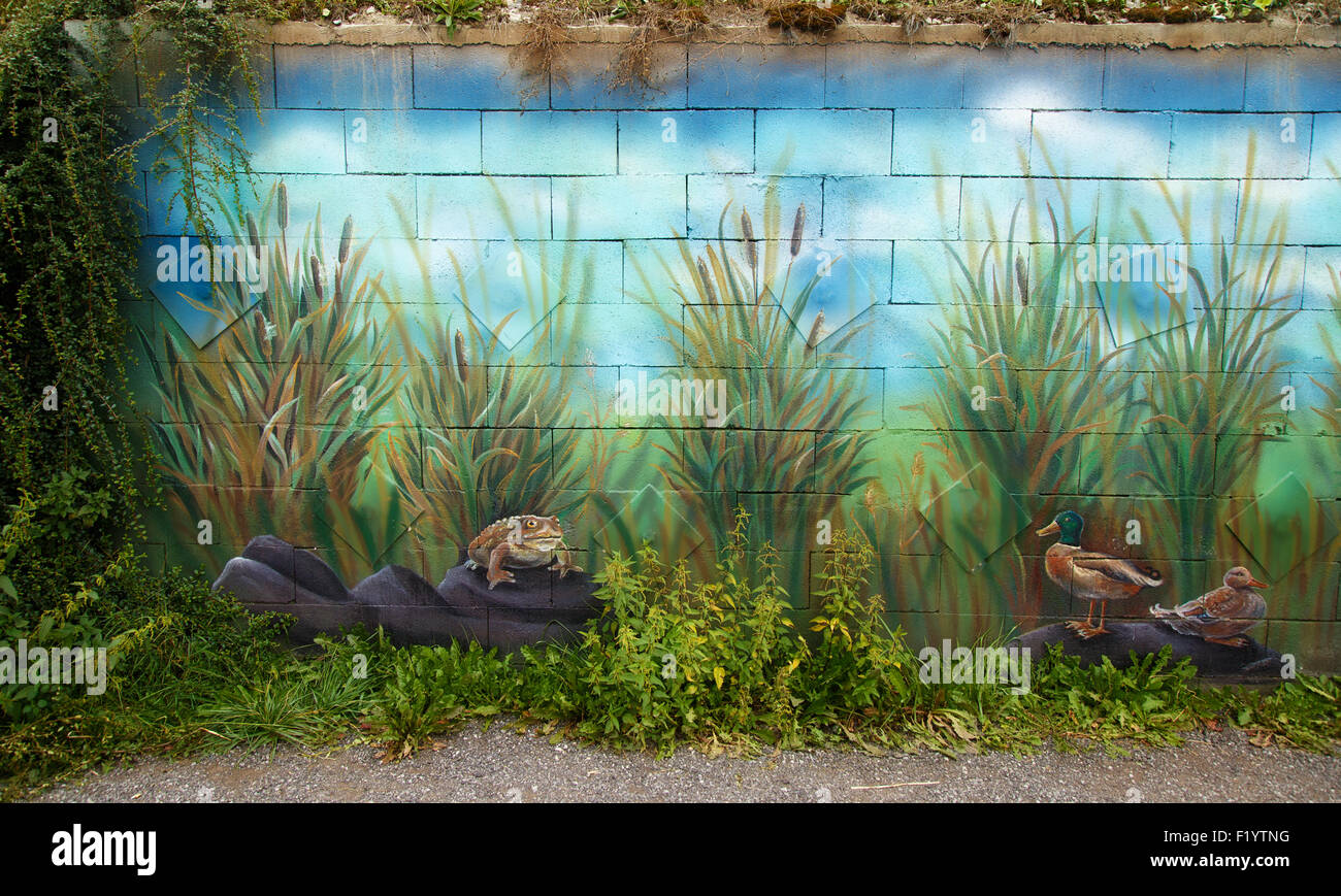 view on a lake side with wild nature scenery wall painting with toad ...