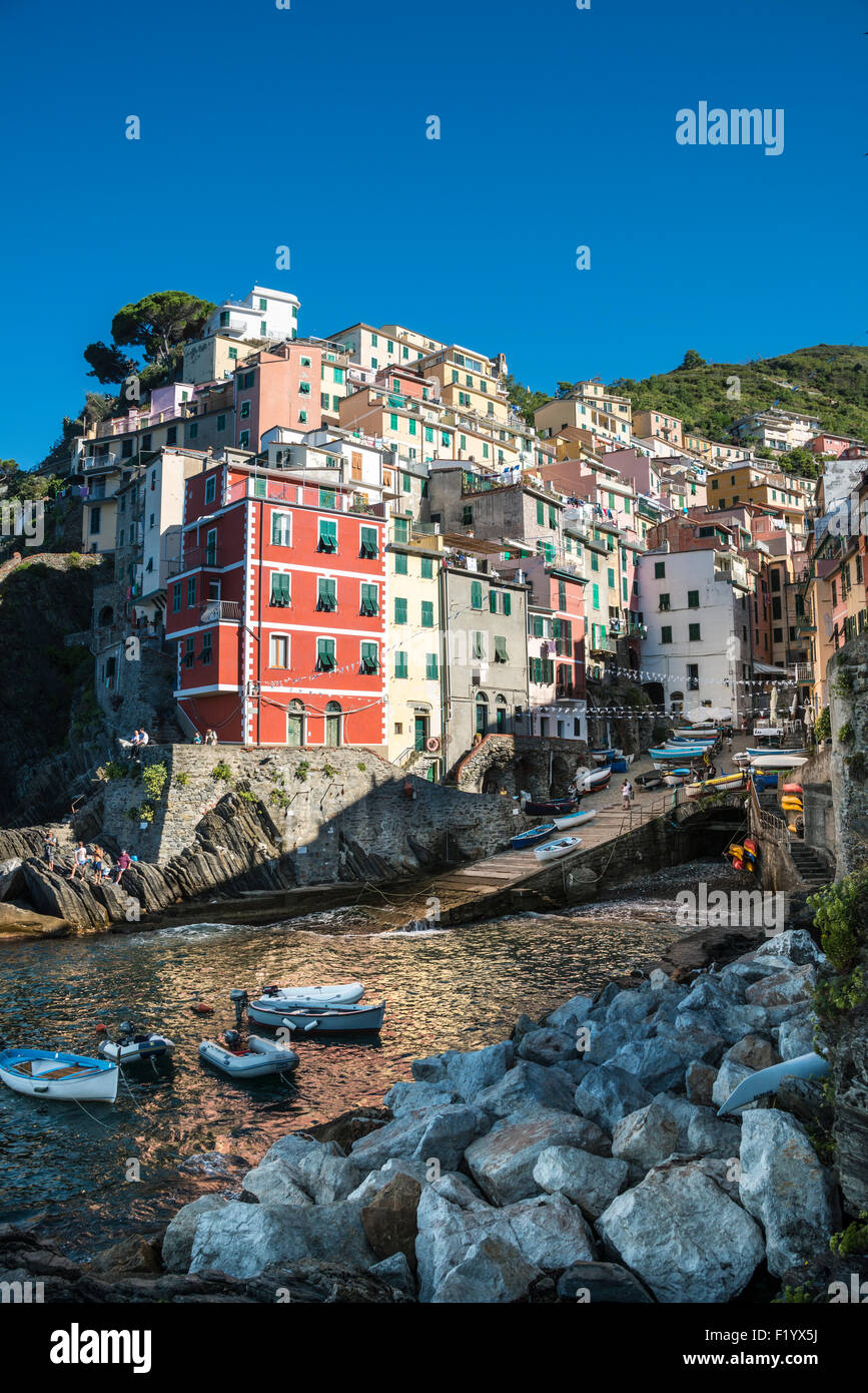 Town view, harbor and colorful houses, Riomaggiore, Cinque Terre, La Spezia Province, Liguria ...