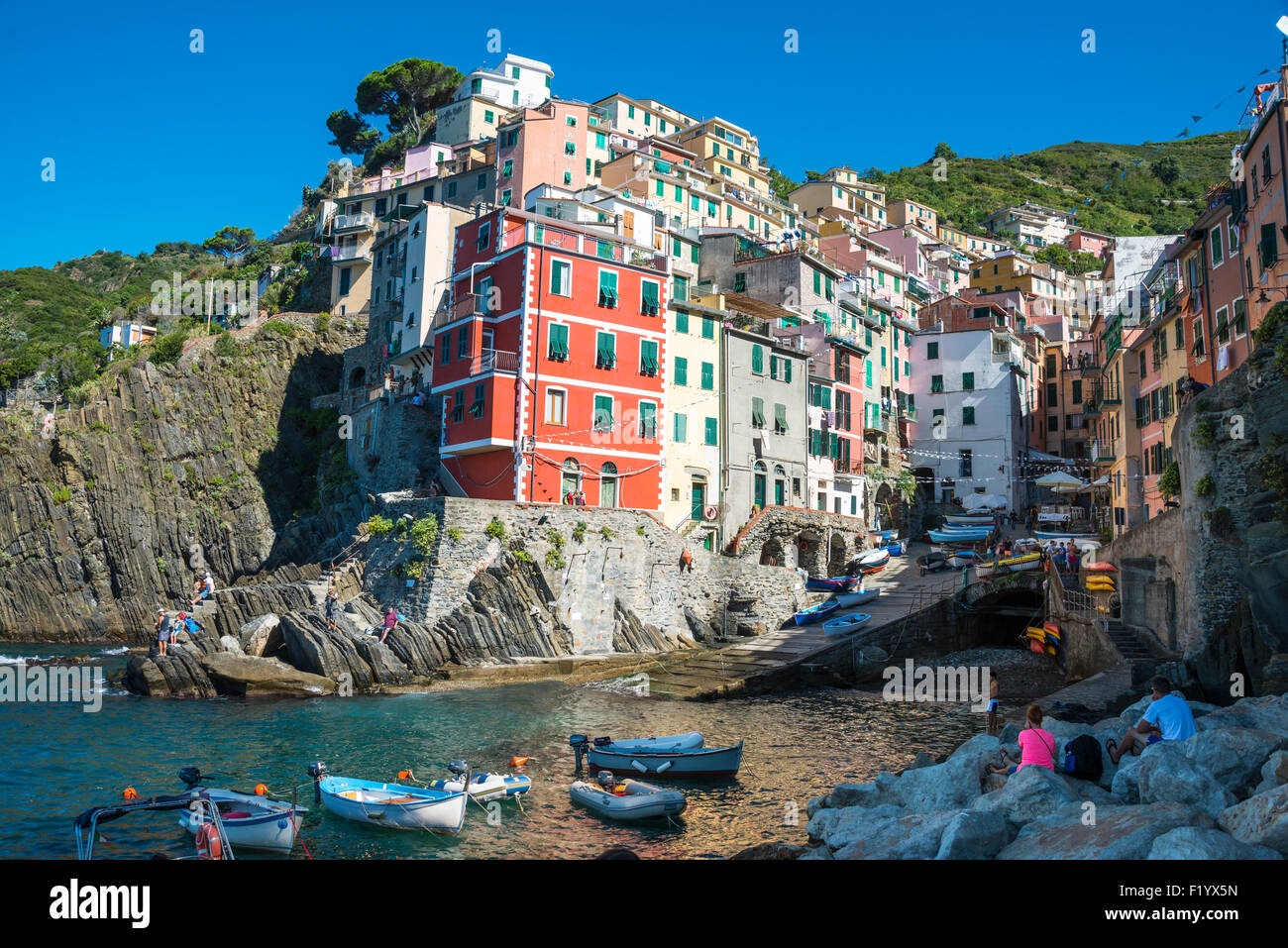 Town view, harbor and colorful houses, Riomaggiore, Cinque Terre, La Spezia Province, Liguria ...