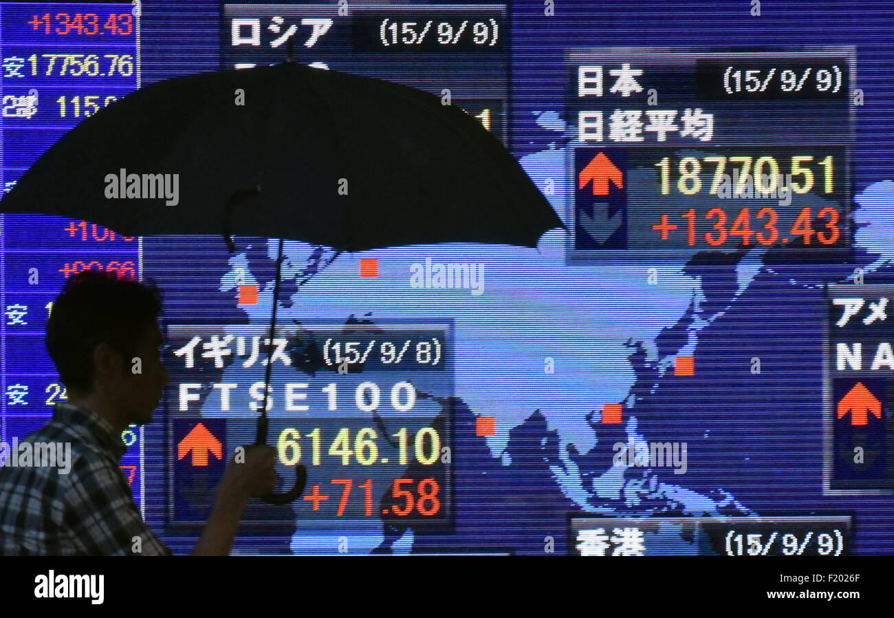 Tokyo, Japan. 9th September, 2015. Japanese stocks posts its biggest ...