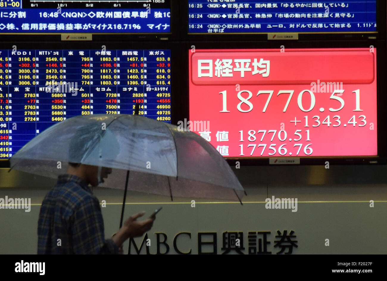 Tokyo, Japan. 9th September, 2015. Japanese stocks posts its biggest ...