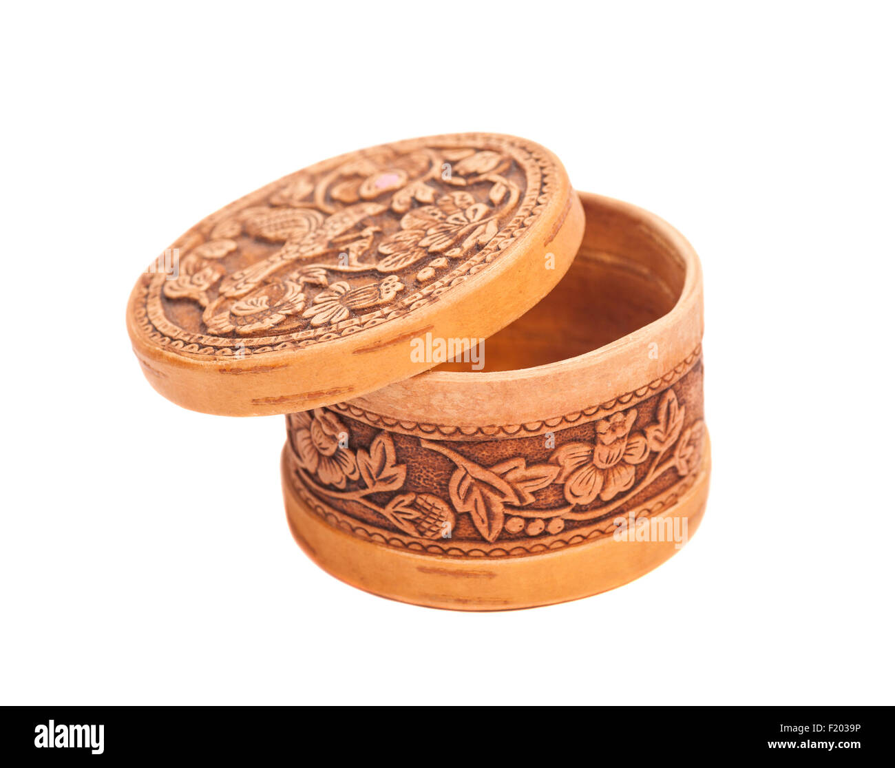Open wooden round box on white background Stock Photo - Alamy