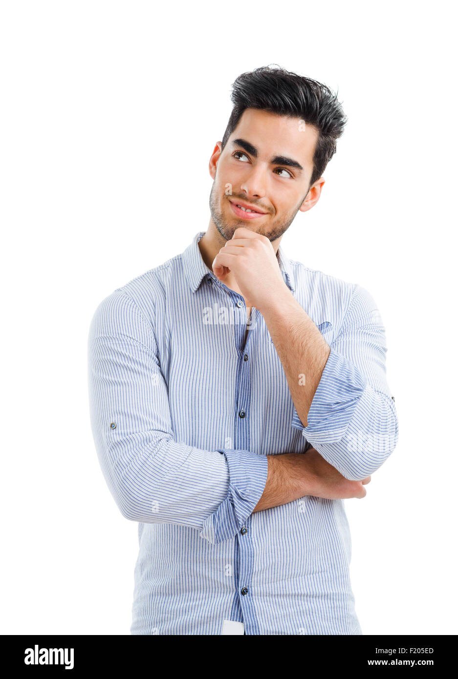 Portrait of a handsome young man thinking on something, isolated on ...