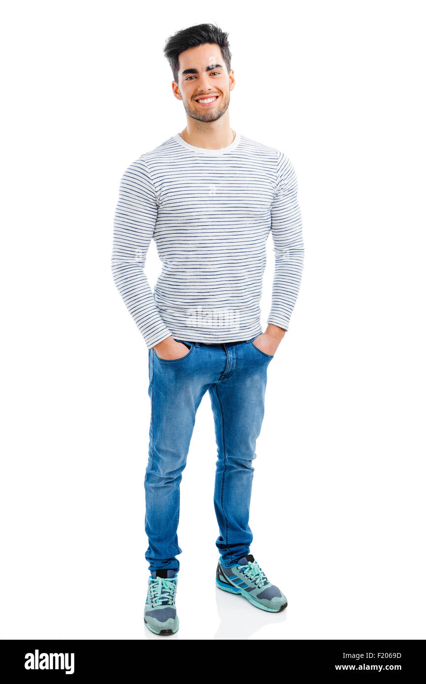 Full length portrait of happy handsome young man isolated on white ...