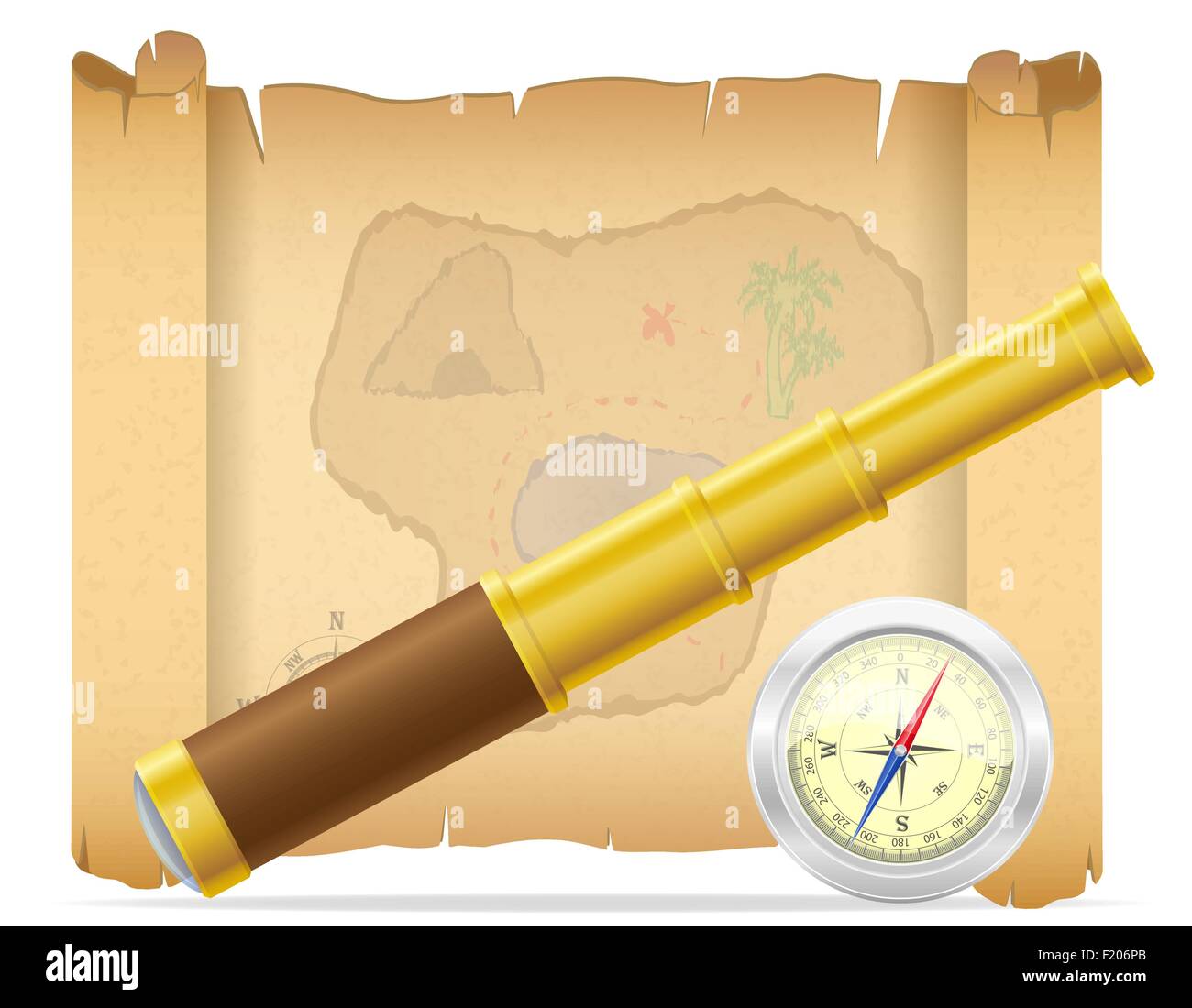 pirate treasure map telescope with compass vector illustration isolated ...
