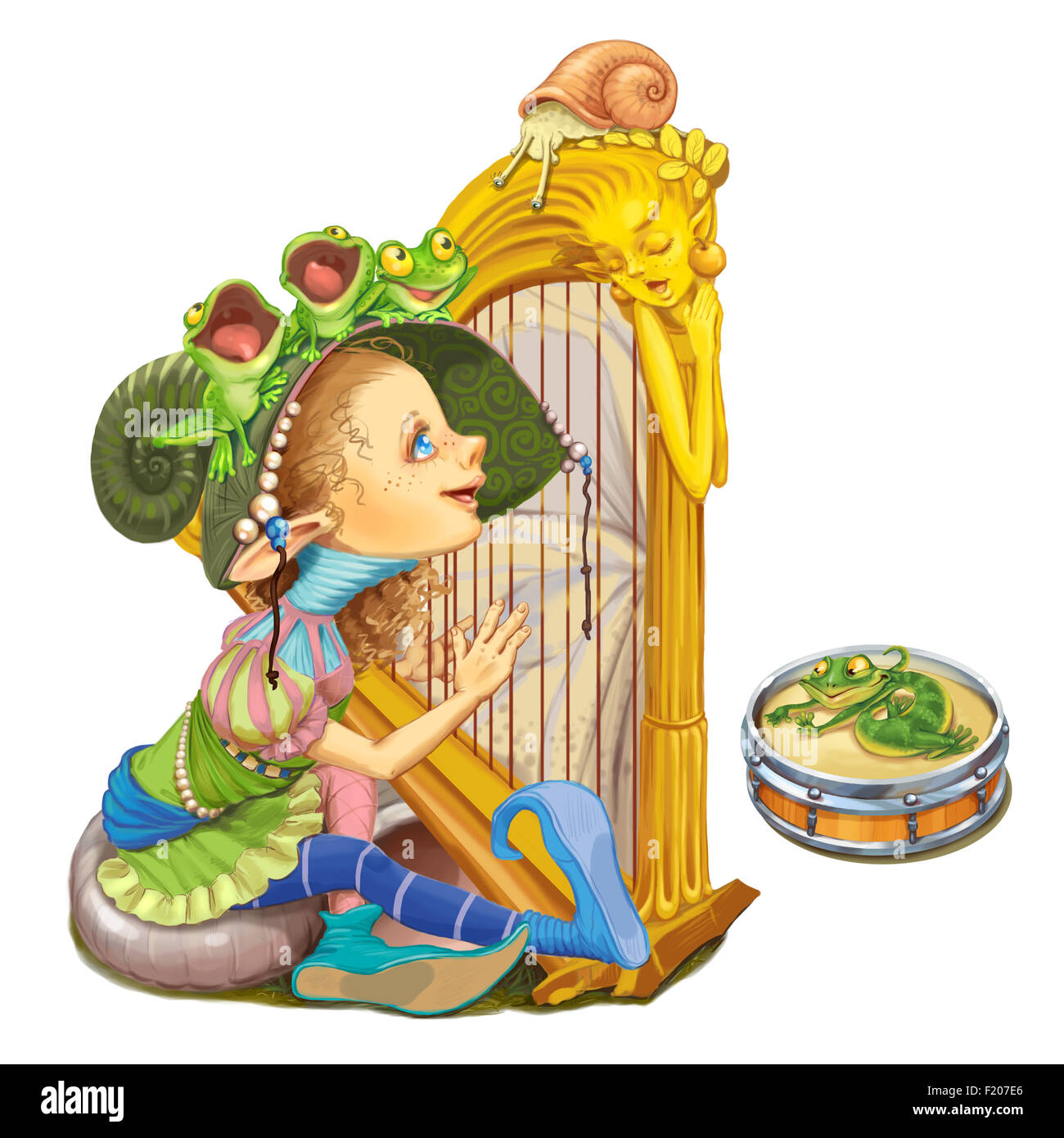 The fantastic elf with friends frogs plays a harp. Invitation card for ...