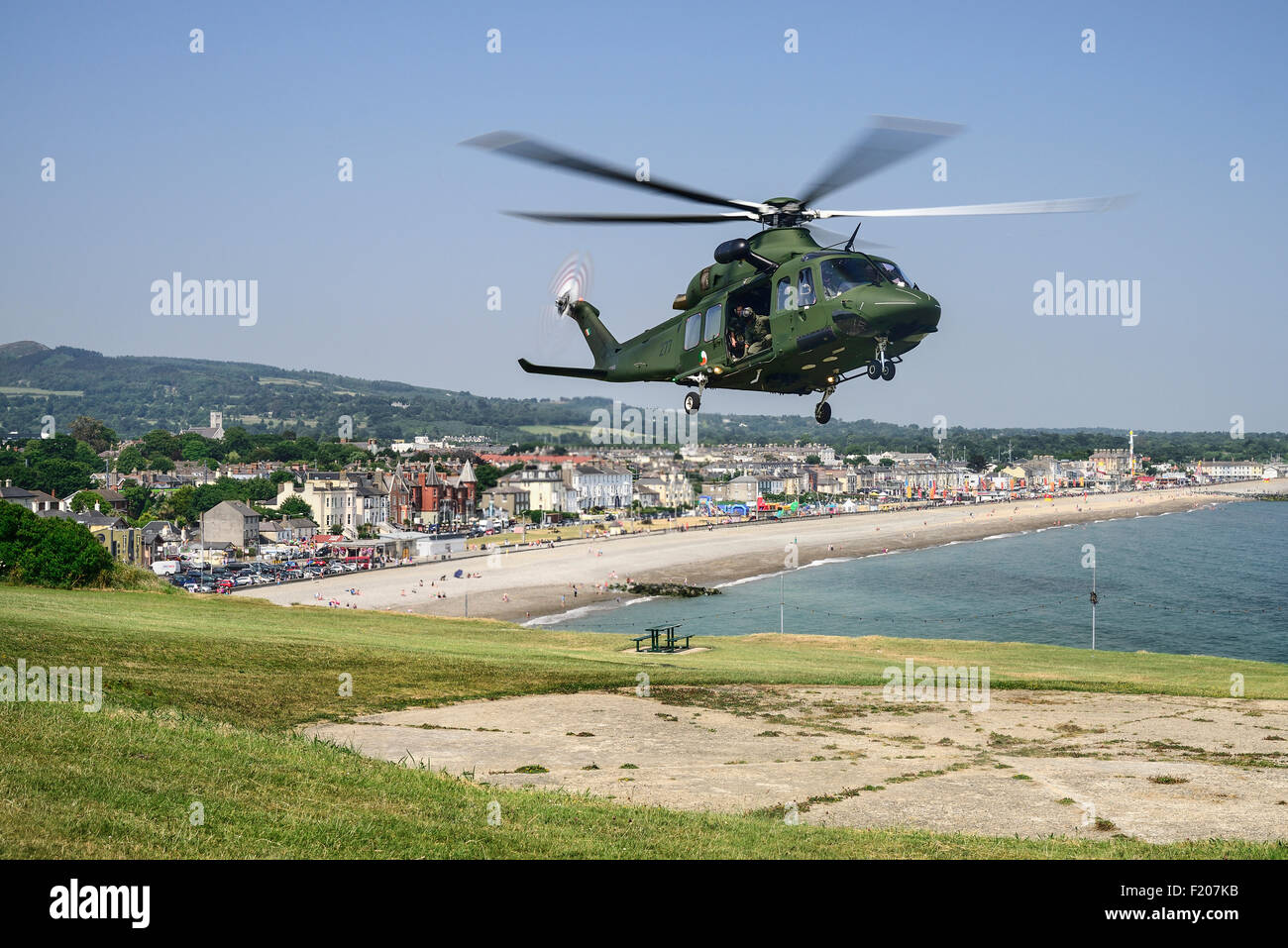 Ireland, County Wicklow, Bray, Irish Air Force helicopter display above ...