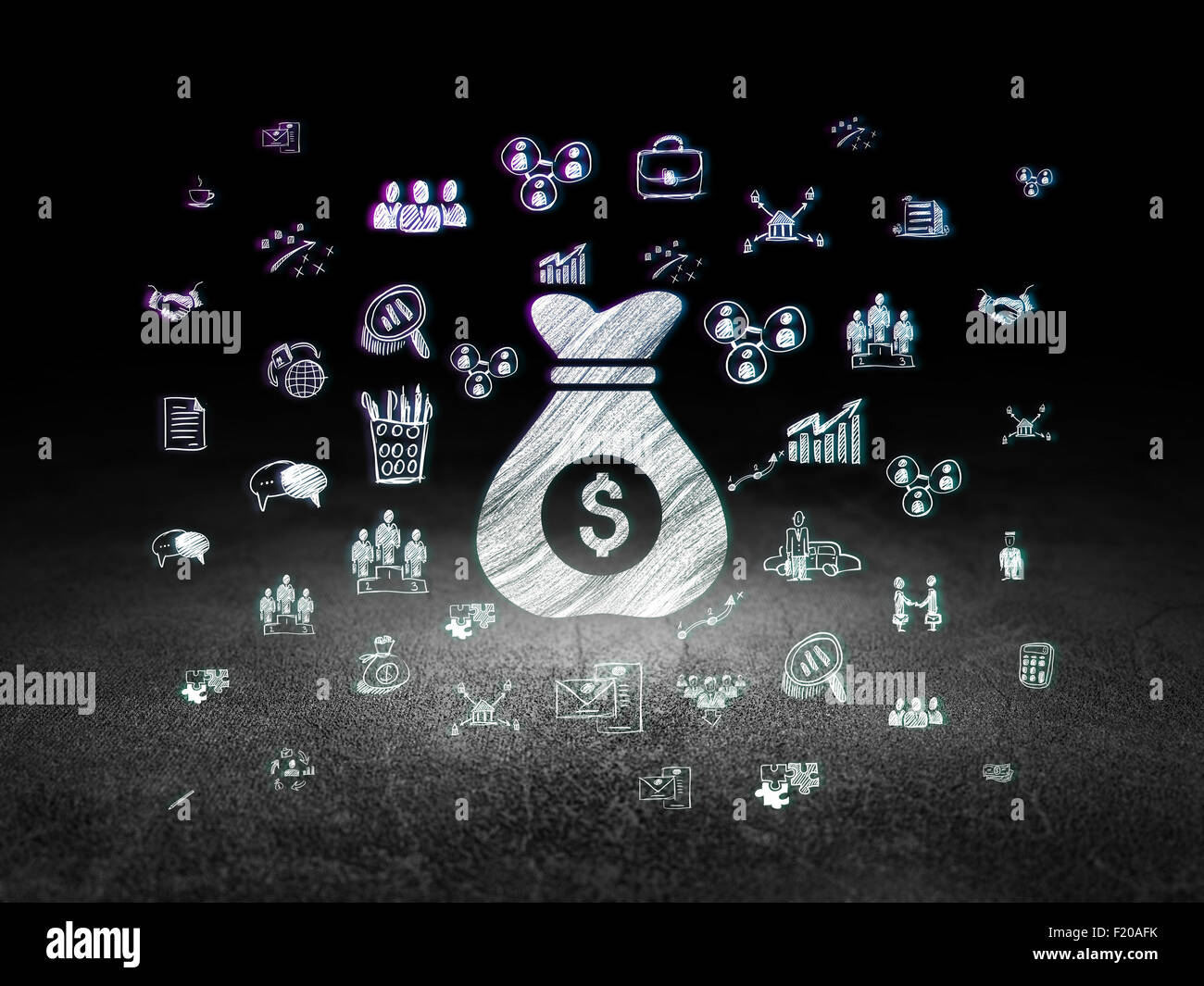 Finance concept: Money Bag in grunge dark room Stock Photo - Alamy