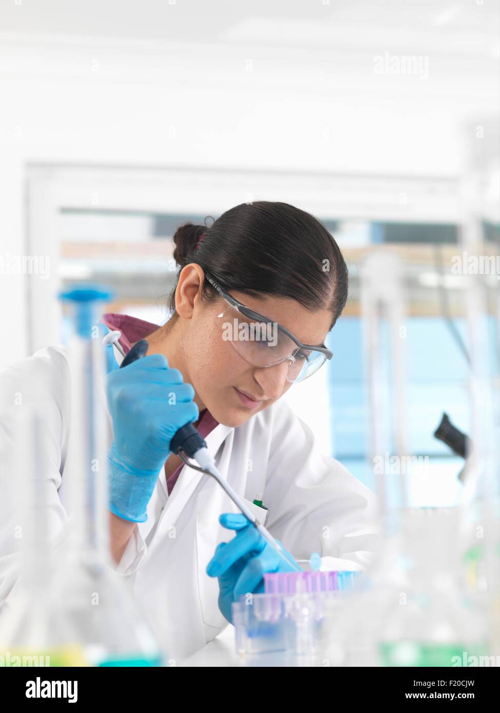 Young woman scientist pipetting sample into vial in a laboratory used ...