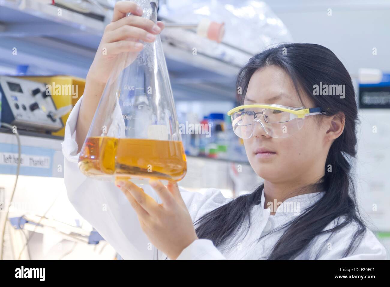 Female scientist looking at erlenmayer flask yellow specimen in ...