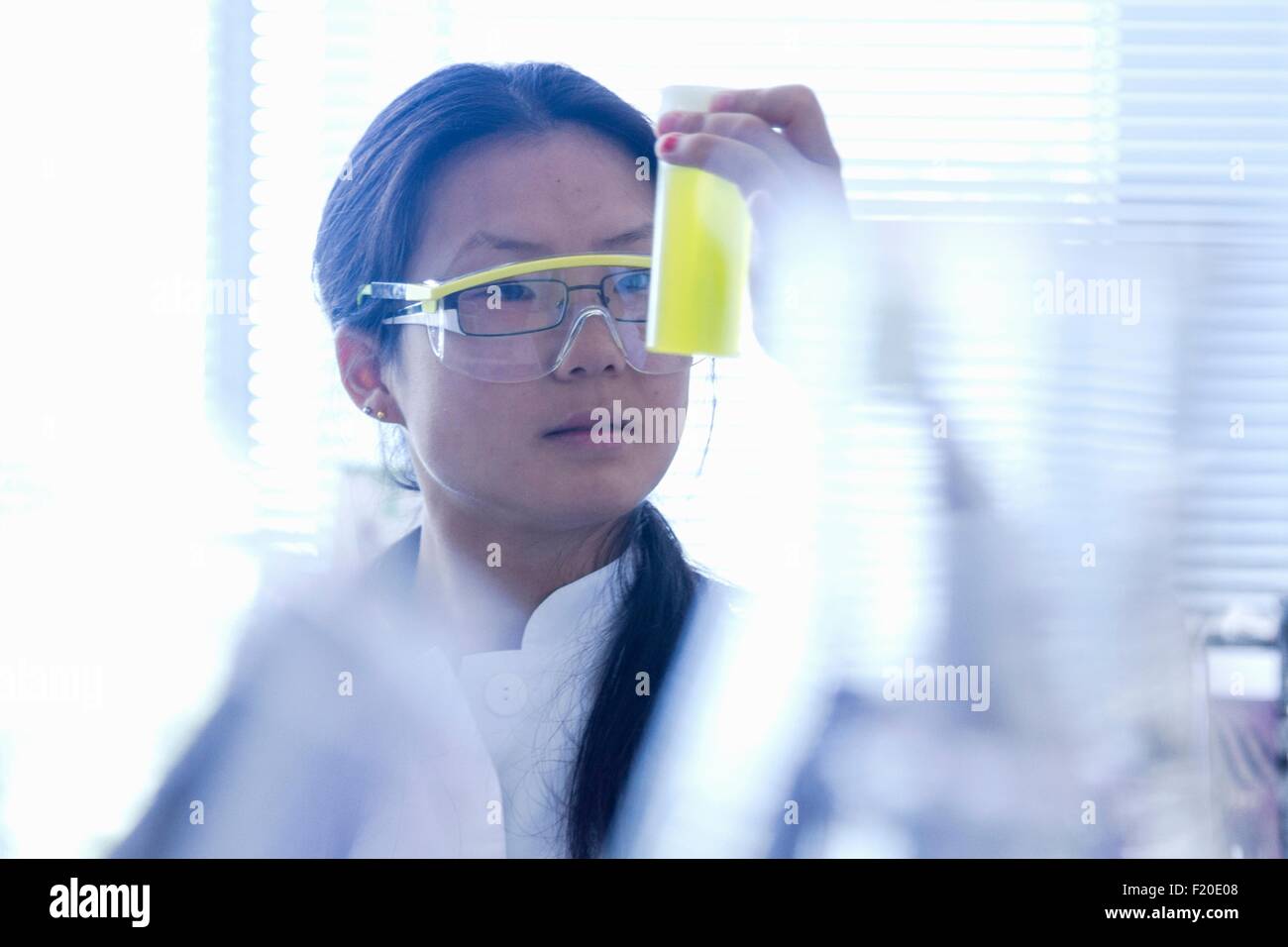Female scientist looking at yellow specimen in laboratory Stock Photo ...