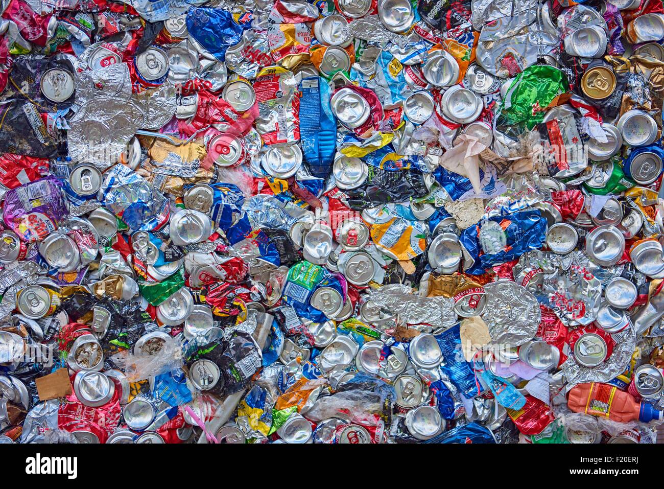 Overhead view of flattened waste aluminium and plastic packaging Stock ...