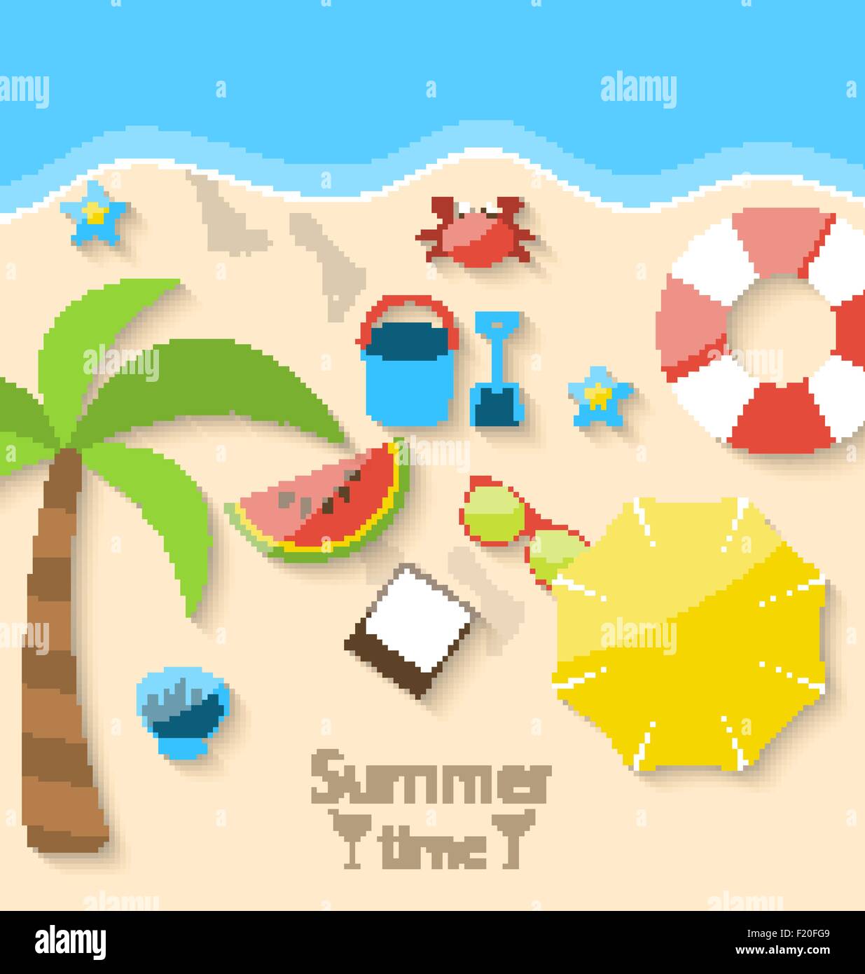 Summer time with flat set colorful simple icons on the beach Stock ...