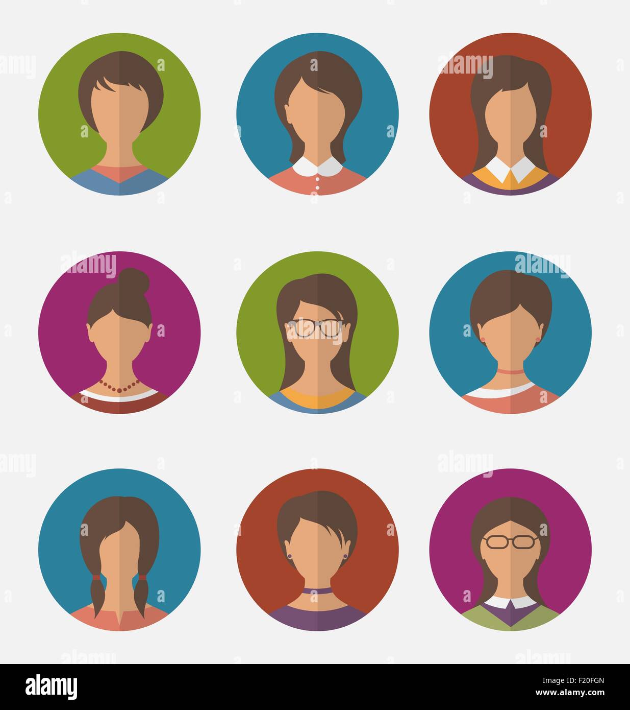 Set colorful female faces circle icons, trendy flat style Stock Vector ...