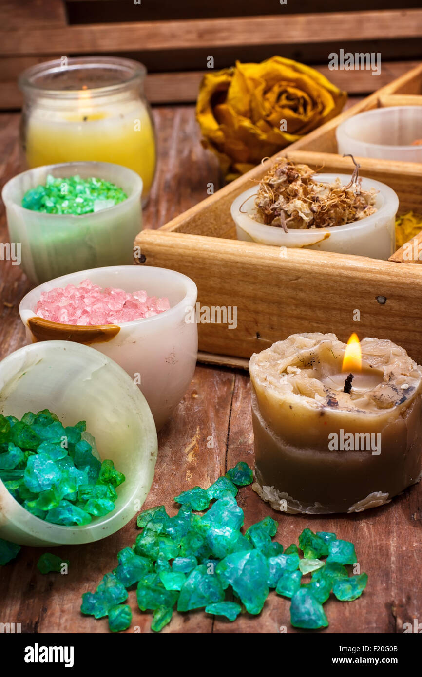 Mineral flavored salt for relaxation and massage in retro style Stock ...