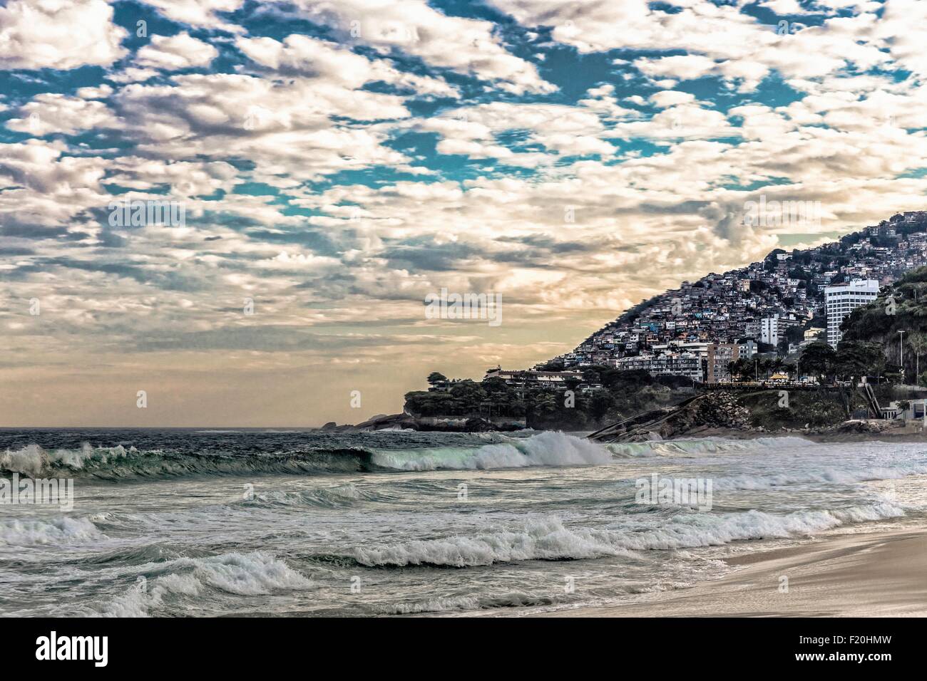View of beach and ocean waves, Ipanema, Rio de Janeiro, Brazil Stock ...