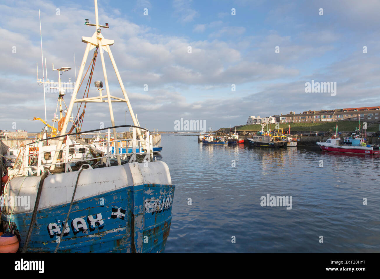 Seahouses Harbour with moored fishing boats, Northumberland Coast ...
