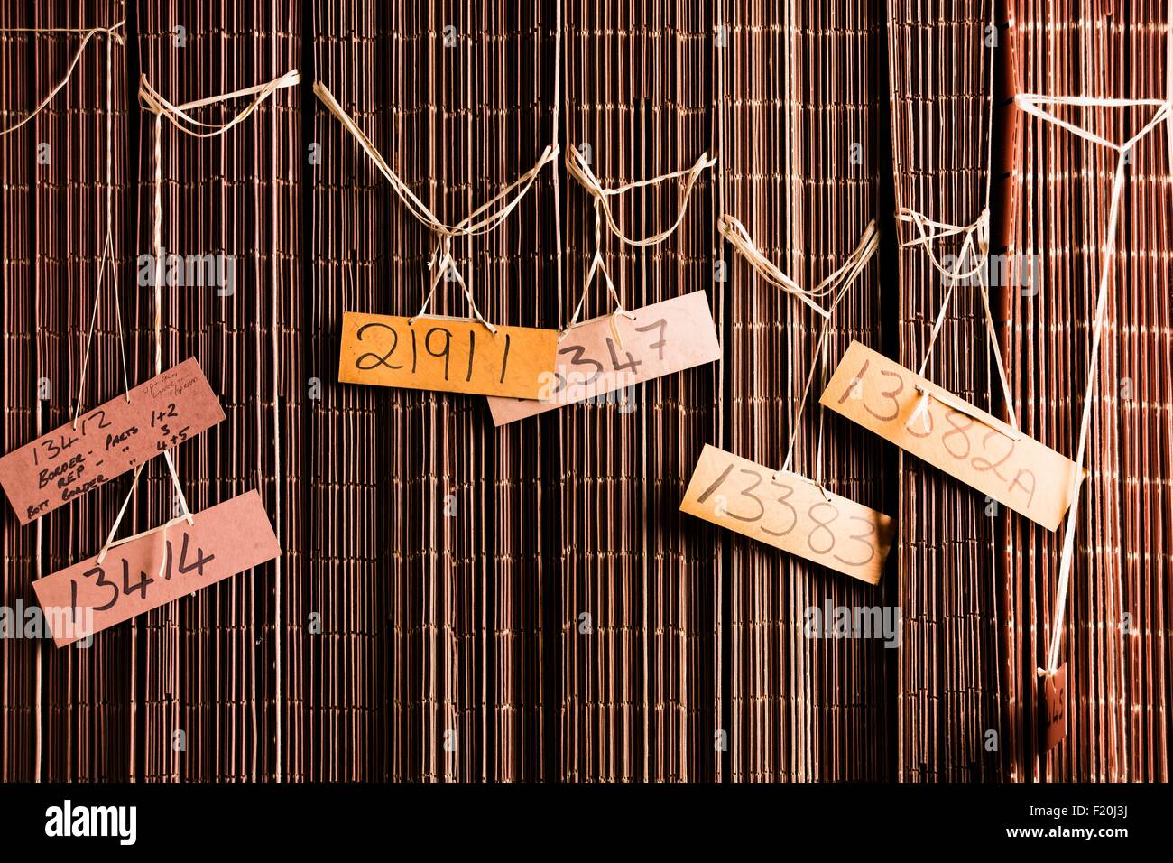 Hand written labels on old weaving machine in textile mill Stock Photo ...