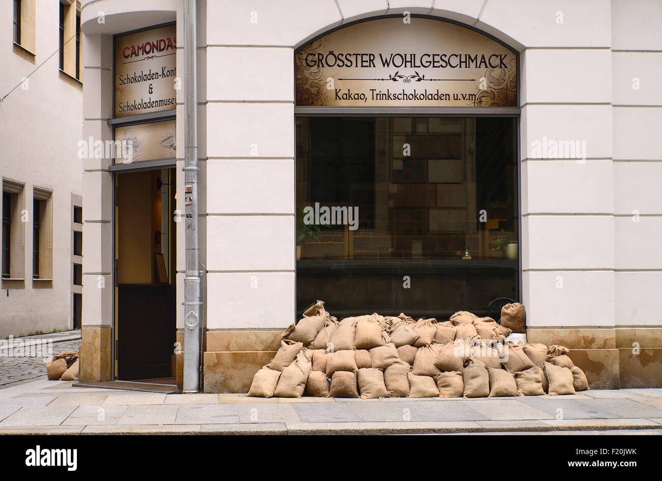Germany, Saxony, Dresden, Shop window sandbagged to prevent floods from ...