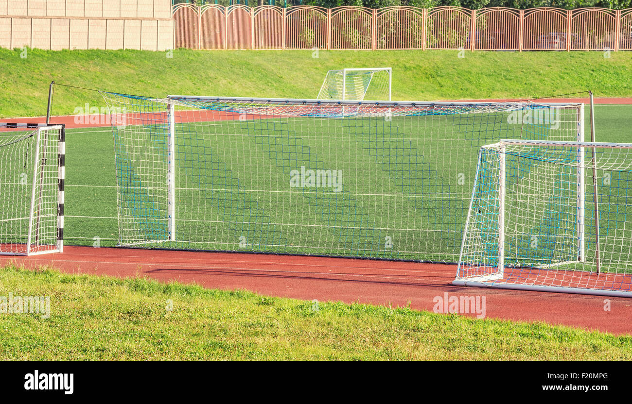 Soccer gates on the small town stadium Stock Photo - Alamy