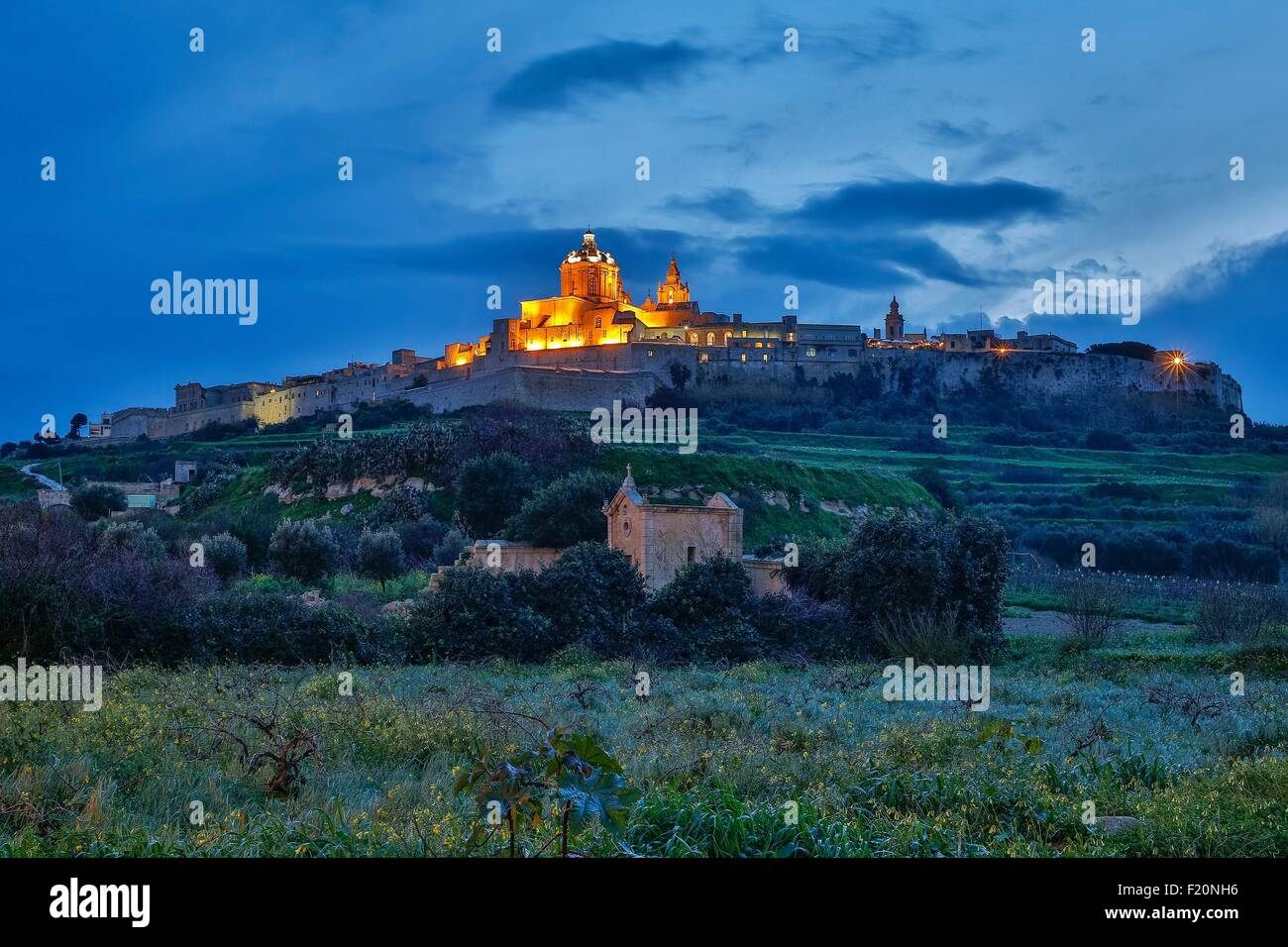 Malta, Mdina, night view of the walls of a fortified city and its ...