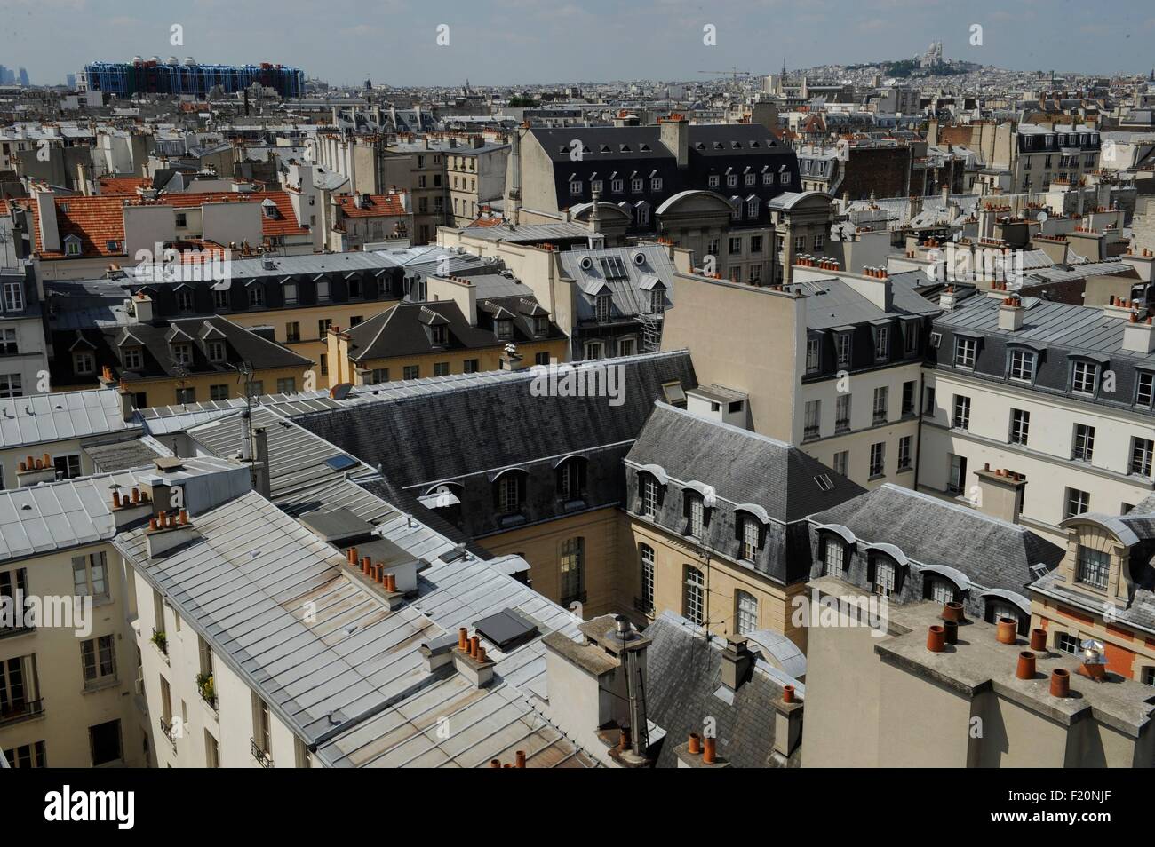 France, Paris, rooftops, In the background the Pompidou Centre (aerial ...